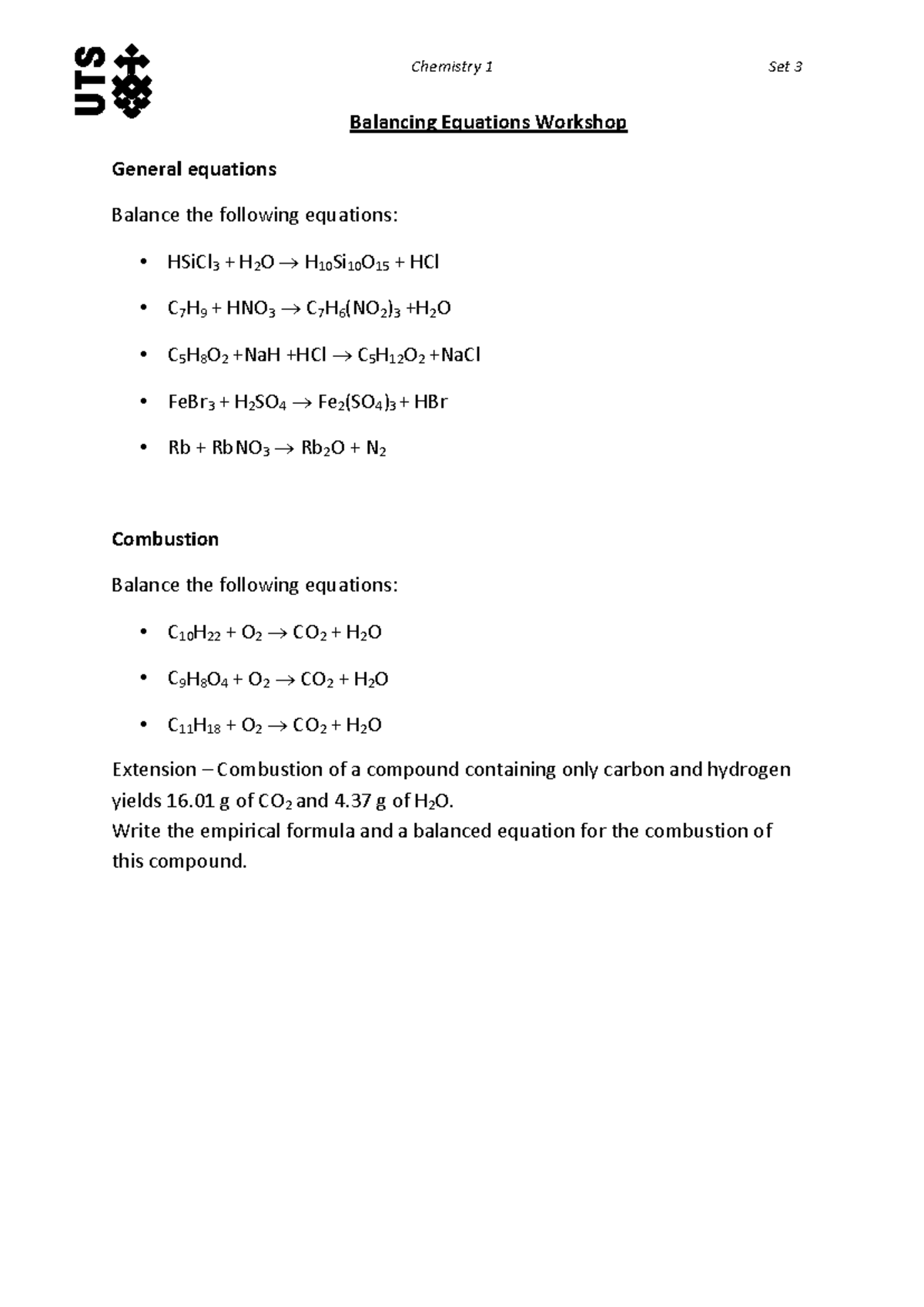 Balancing Equations Questions Set 3 - 065111 - Studocu