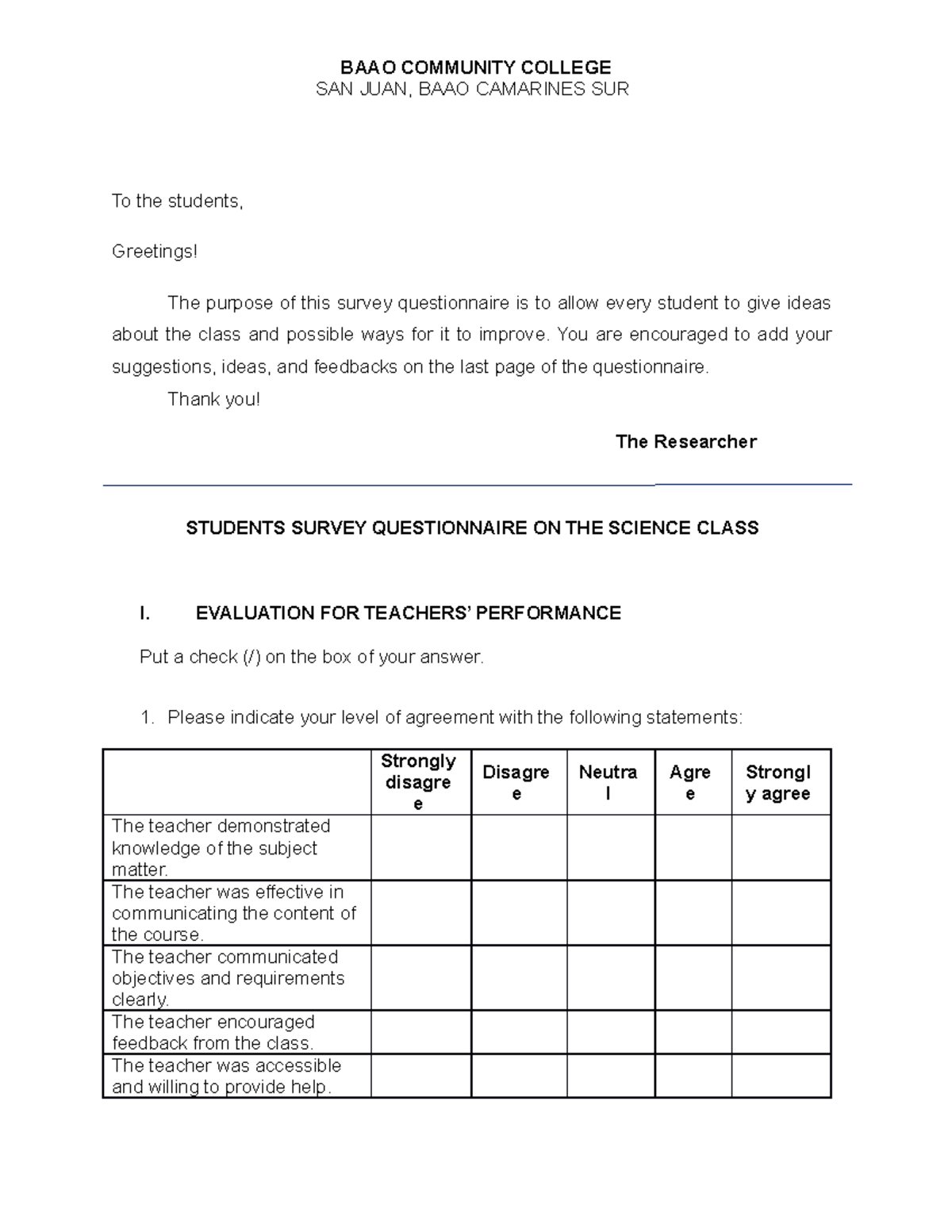 Questionnaire- students copy - BAAO COMMUNITY COLLEGE SAN JUAN, BAAO CAMARINES SUR To the ...
