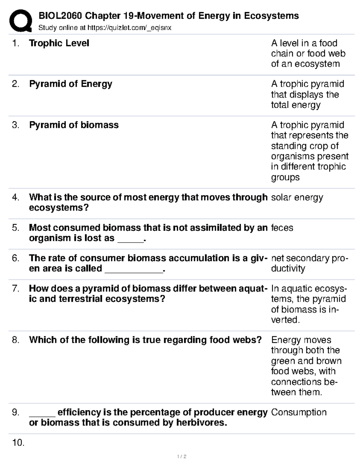 BIOL2060 Chapter 19-Movement of Energy in Ecosystems - feces The rate ...