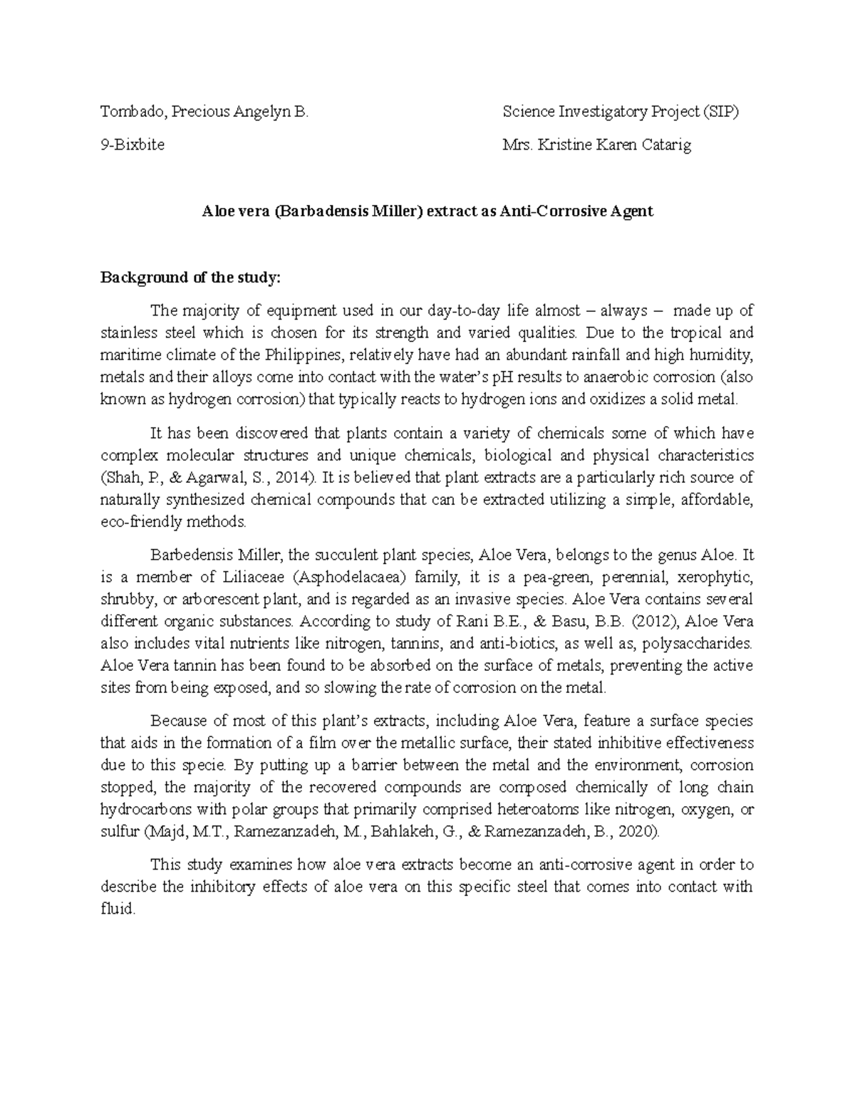 ALOE VERA YES YES - ALOE AS SCI - Tombado, Precious Angelyn B. Science ...