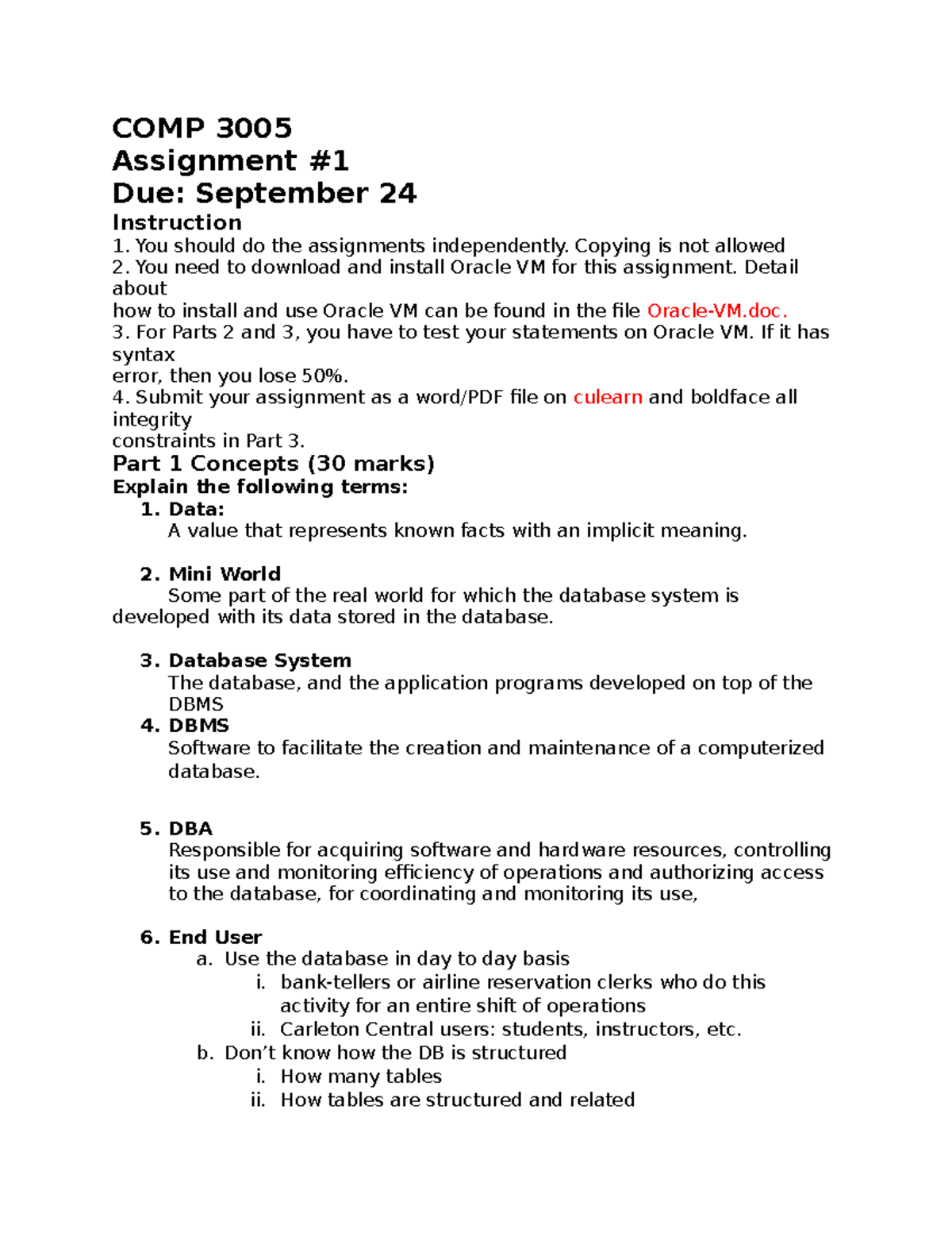 Assignment1 solution - COMP 3005 Assignment Due: September 24 ...