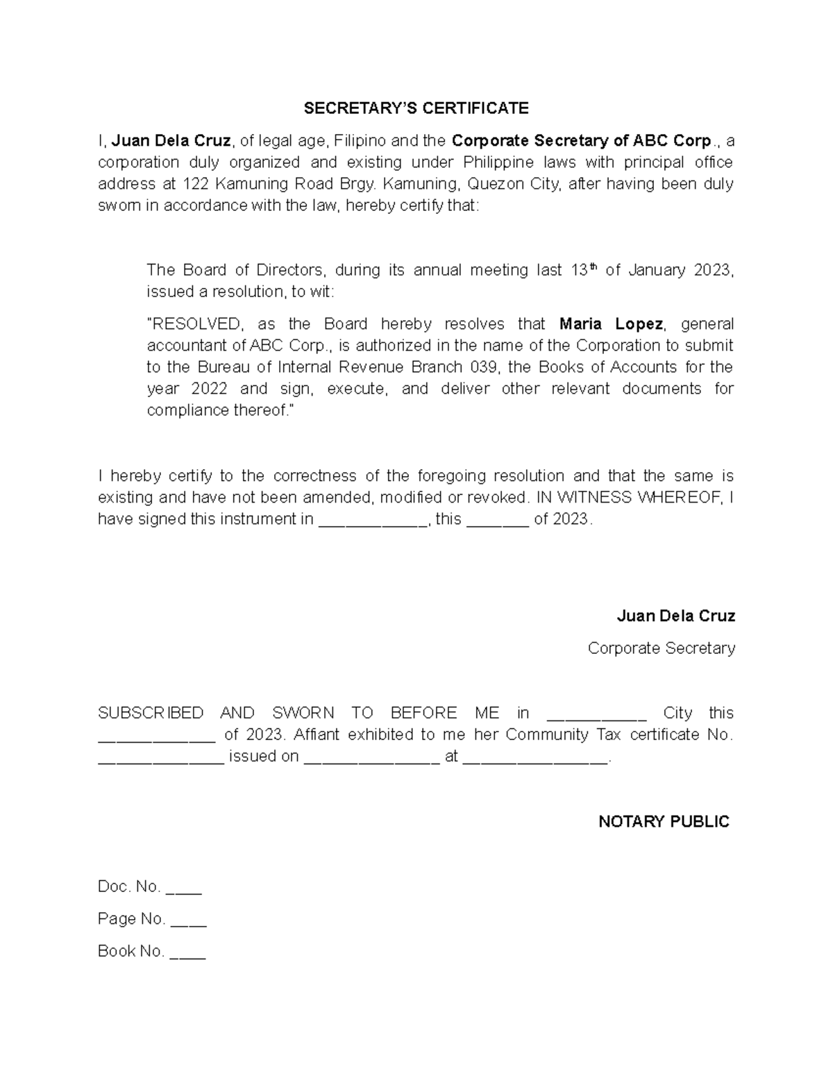 Secretary's CERT - sec cert sample - SECRETARY’S CERTIFICATE I, Juan ...