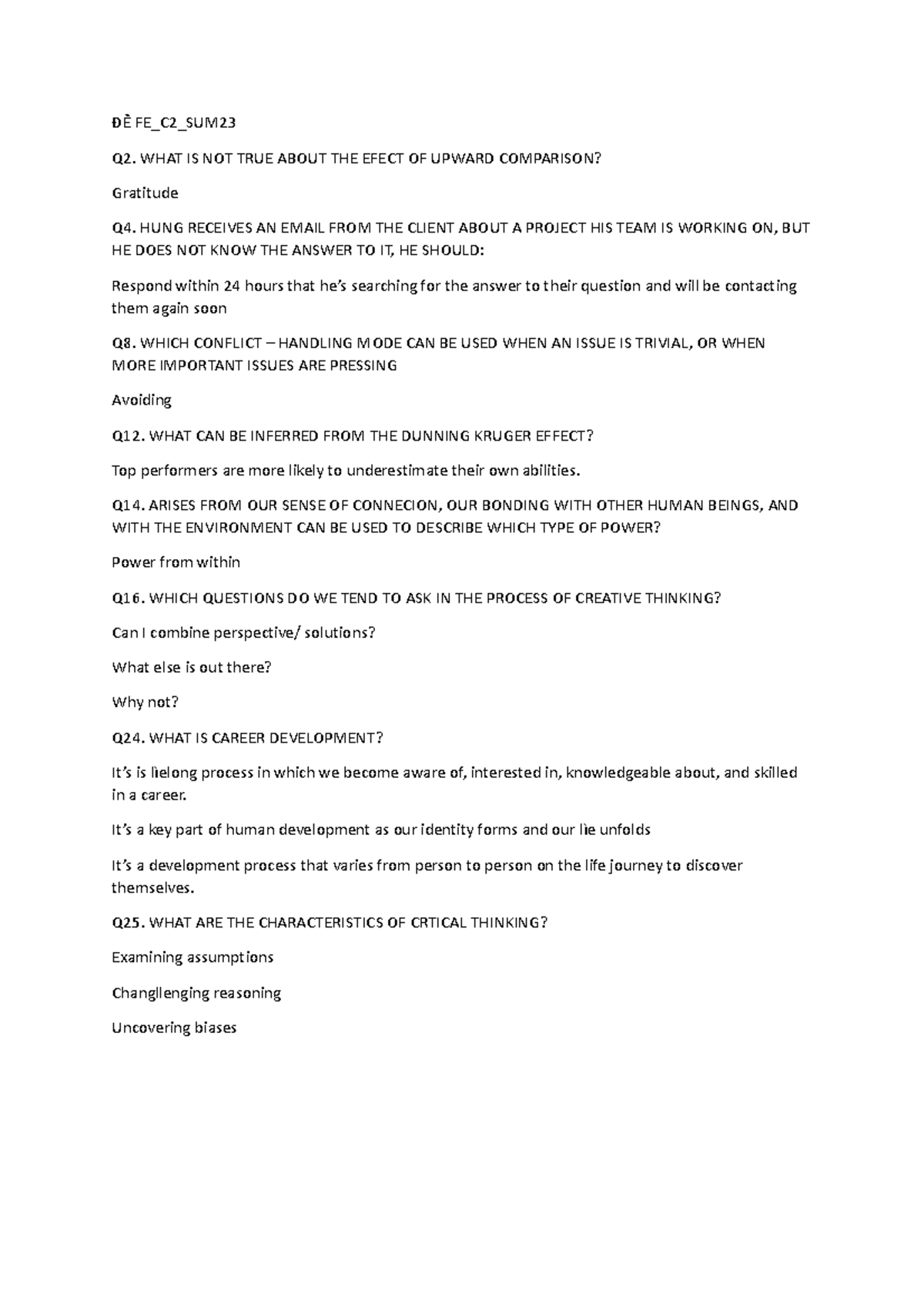 ĐỀ FE 2 - none - ĐỀỀ FE_C2_SUM Q2. WHAT IS NOT TRUE ABOUT THE EFECT OF ...