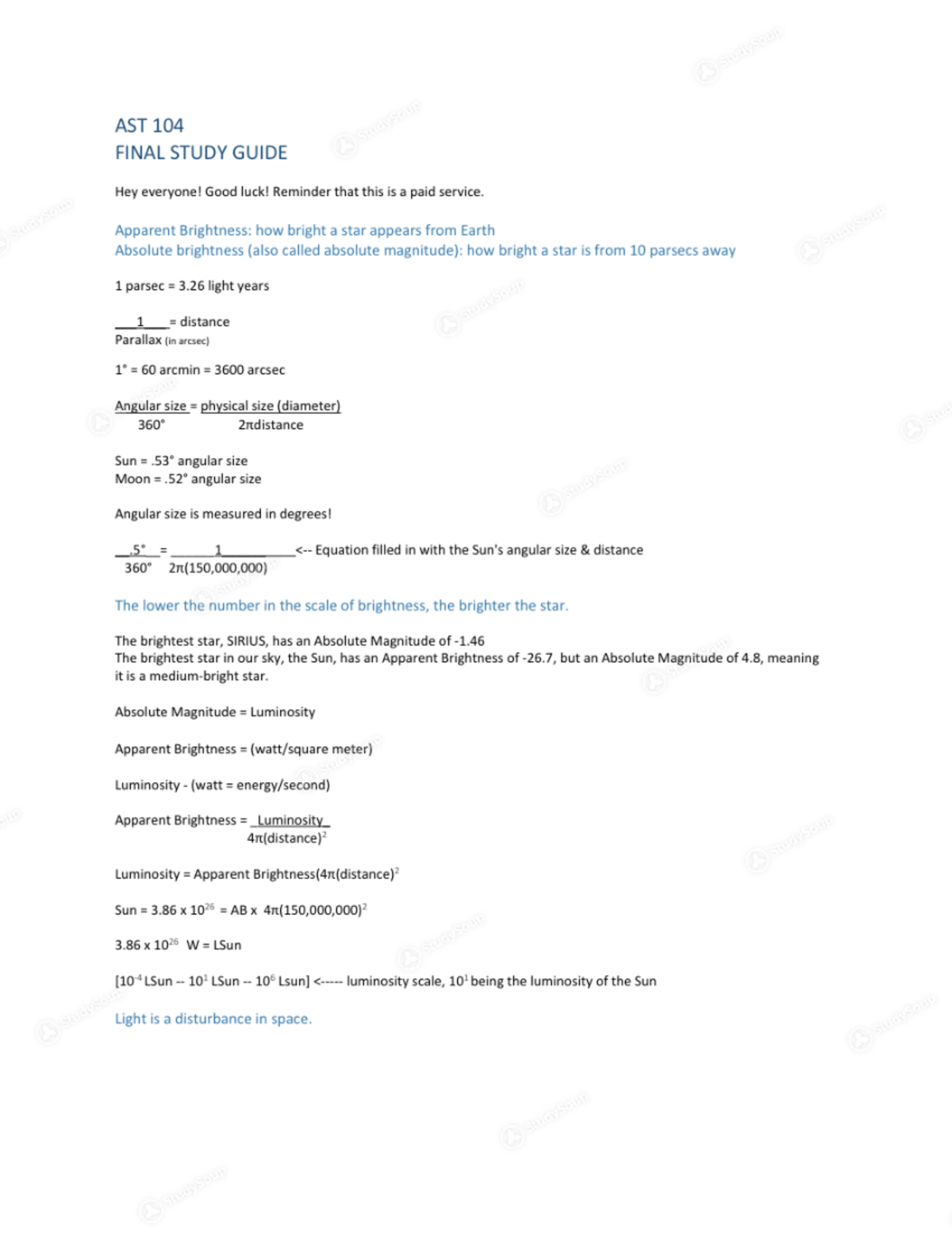 Ast104 final study guide - AST 104 FINAL STUDY GUIDE Hey everyone! Good ...