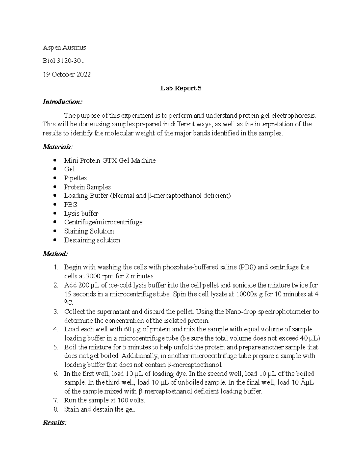Cell Bio Lab Report 5 - Aspen Ausmus Biol 3120- 19 October 2022 Lab ...