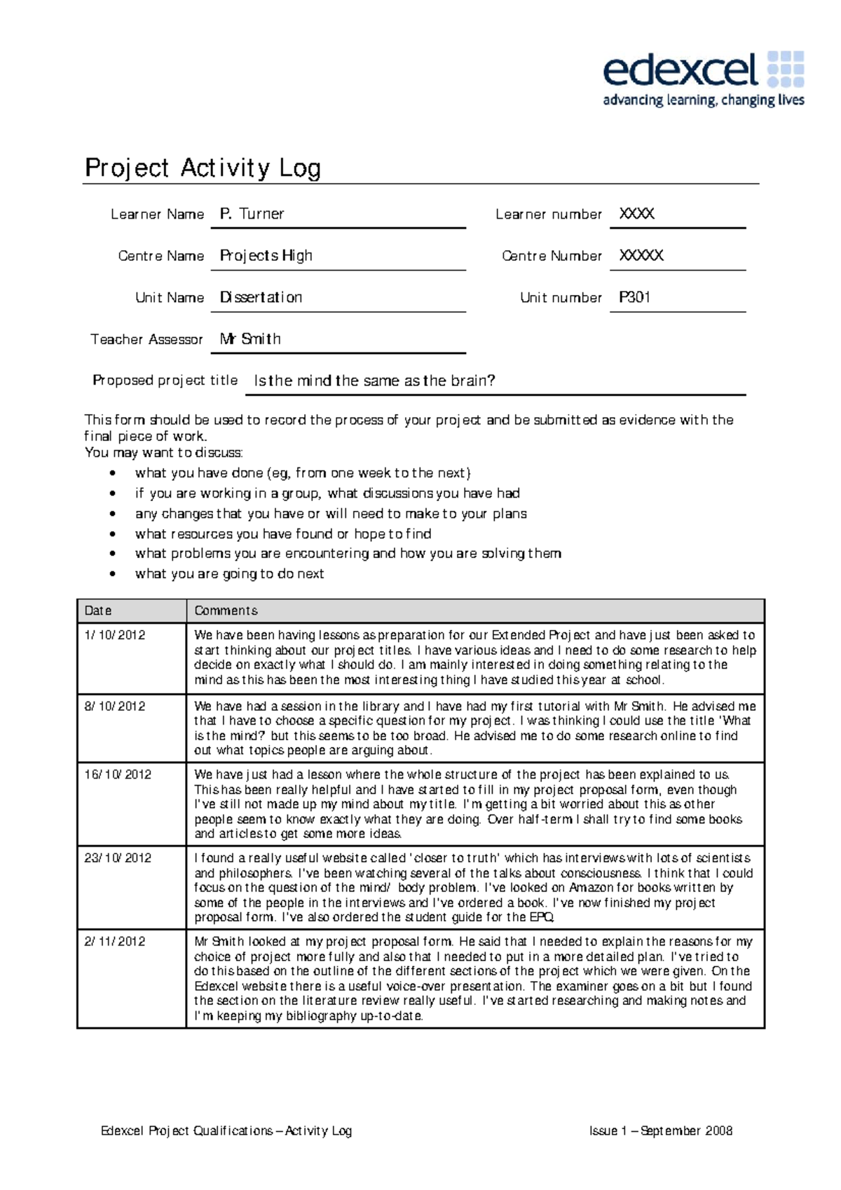 Activity Log completed example - Edexcel Project Qualifications ...
