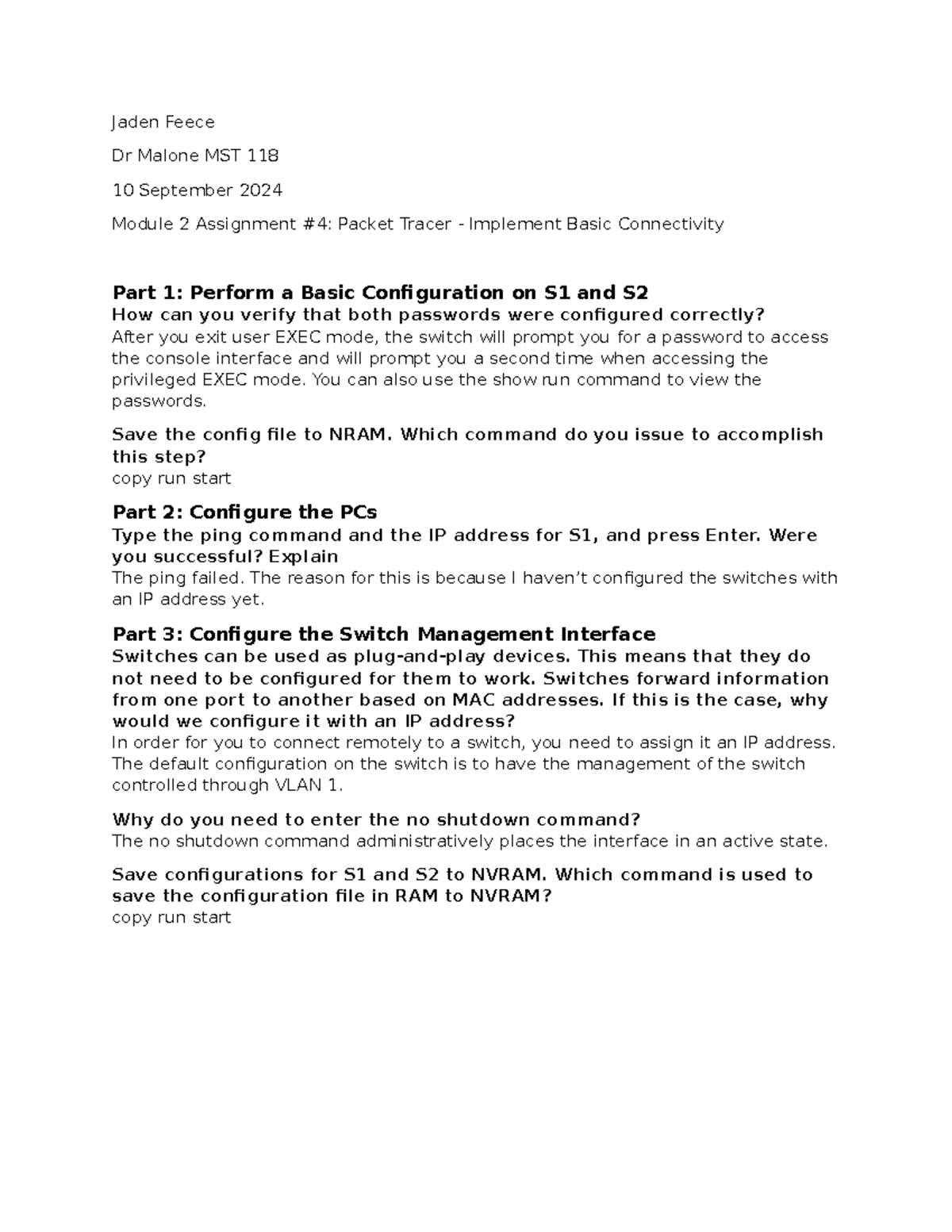 Module 2 Assignment 4 Packet Tracer Implement Basic Connectivity Jaden Feece Dr Malone Mst