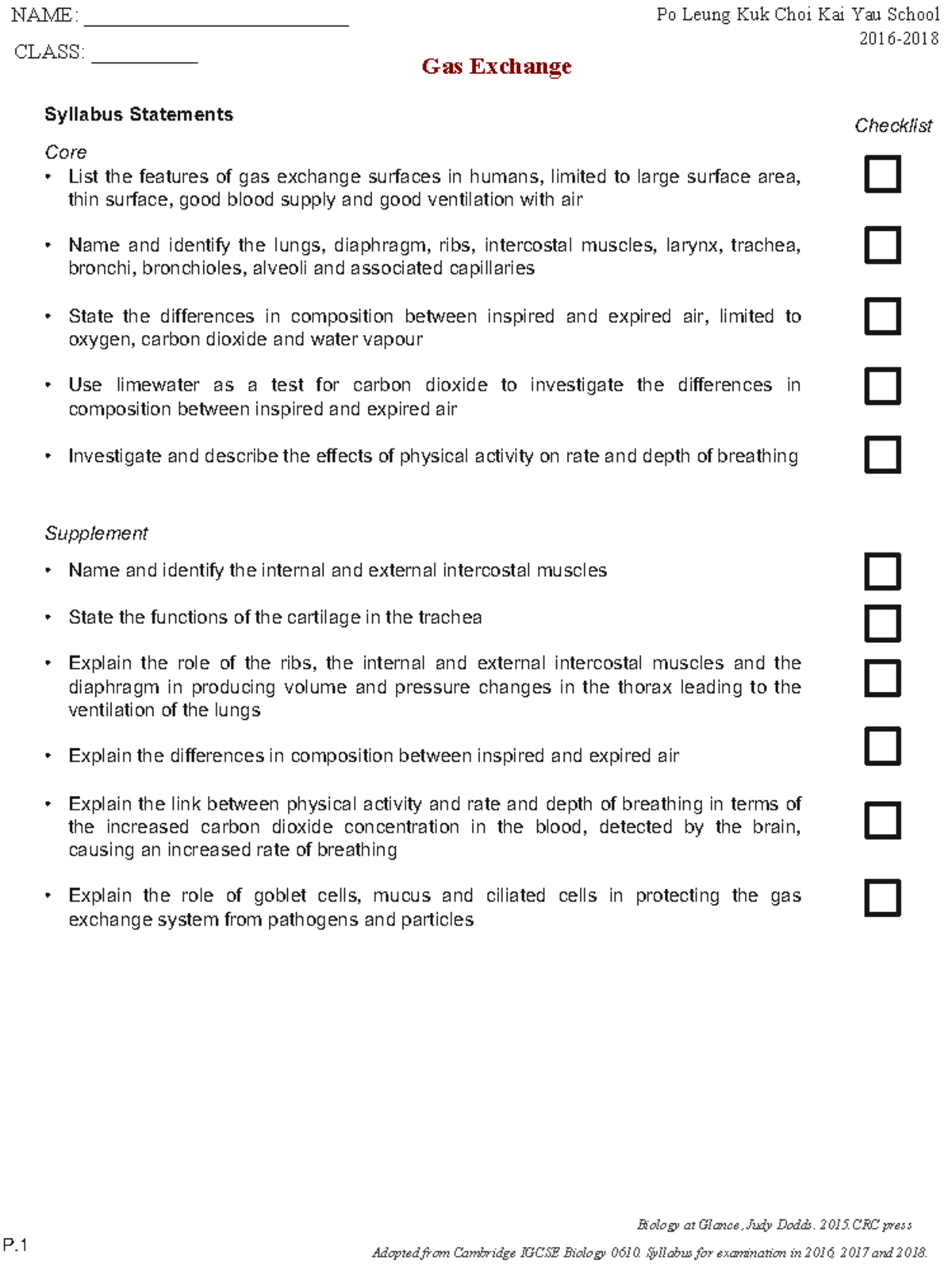 Respiration and Gas Exchange Booklet - Gas Exchange CLASS ...