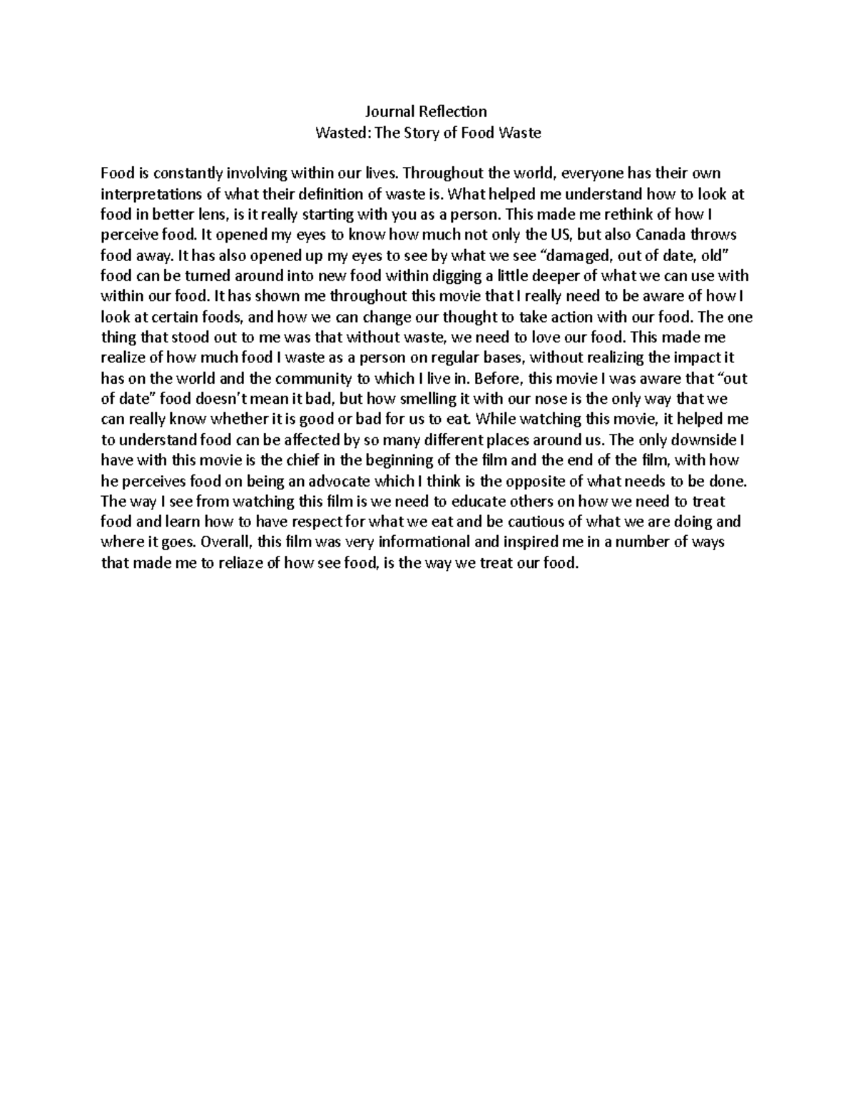 Journal Reflection- Wasted Food - Journal Reflection Wasted: The Story ...