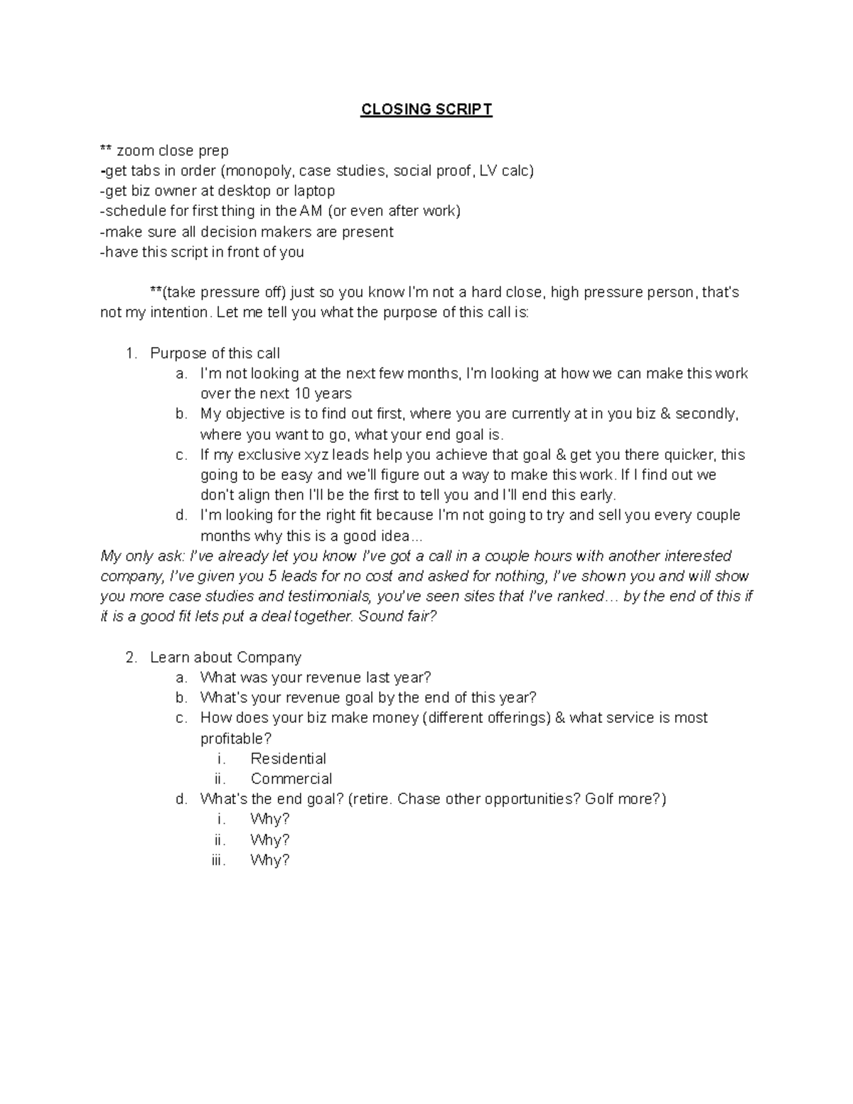 Closing Script - ciao - CLOSING SCRIPT ** zoom close prep get tabs in order (monopoly, case ...