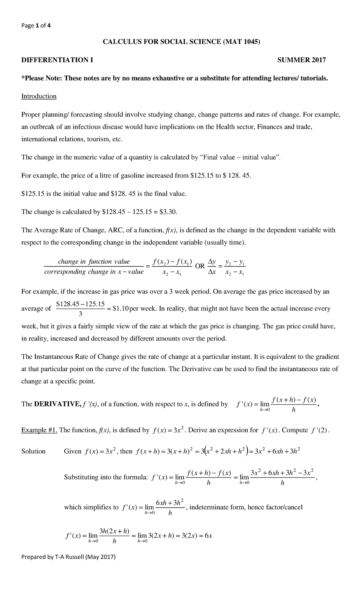 Differentiation Notes 1 - CALCULUS FOR SOCIAL SCIENCE (MAT 1045 ...