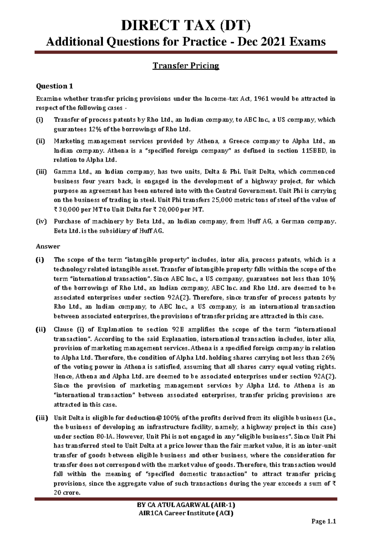 Additional QB NOV 2021 - Question Bank - DIRECT TAX (DT) Additional ...