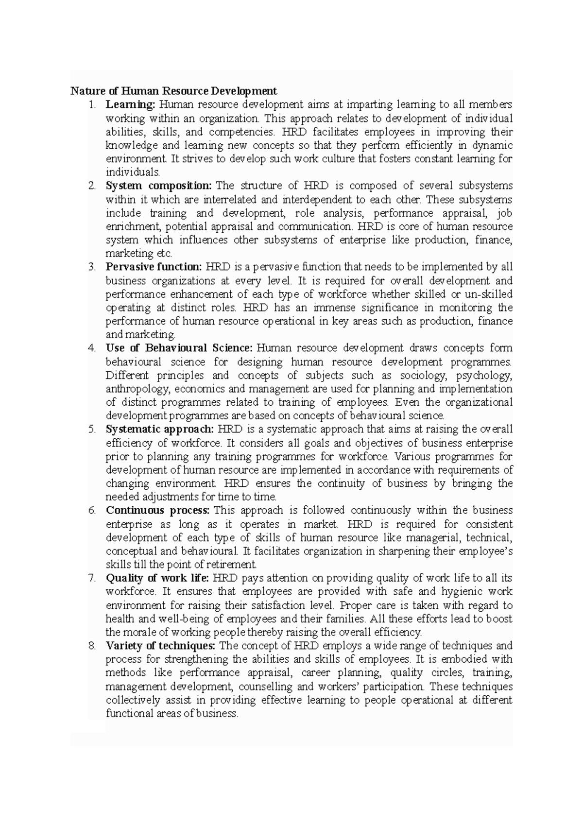 Notes 1 - Nature of Human Resource Development 1. Learning: Human ...