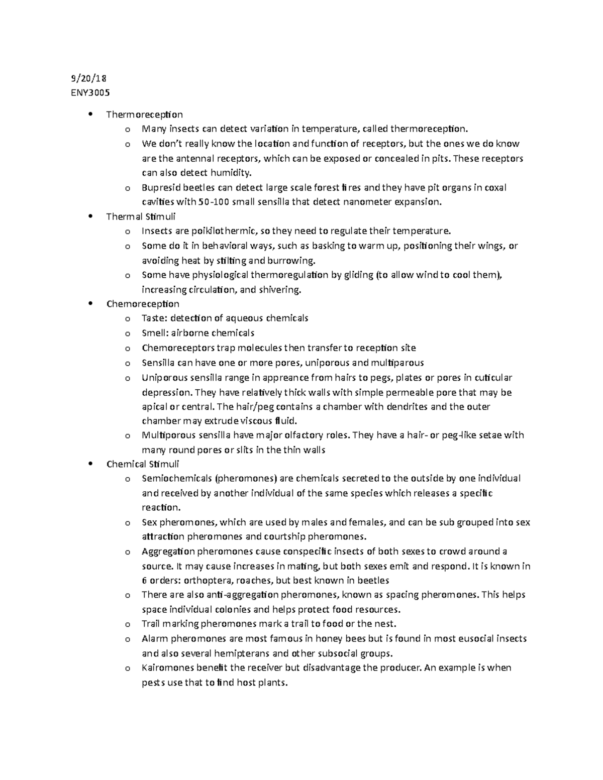 9 20 18 pheremones and sights - 9/20/18 ENY3005 Thermoreception o Many ...