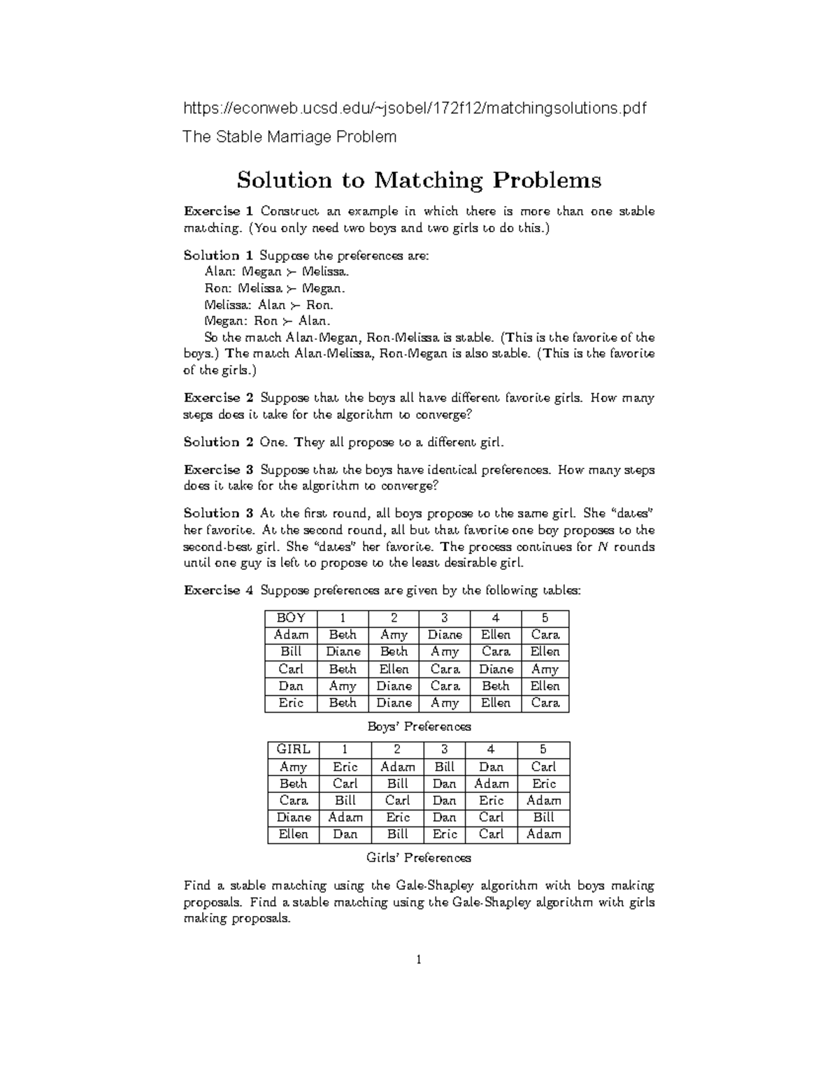 GT2 - matching solutions The Stable Marriage Problem - Mathematics ...