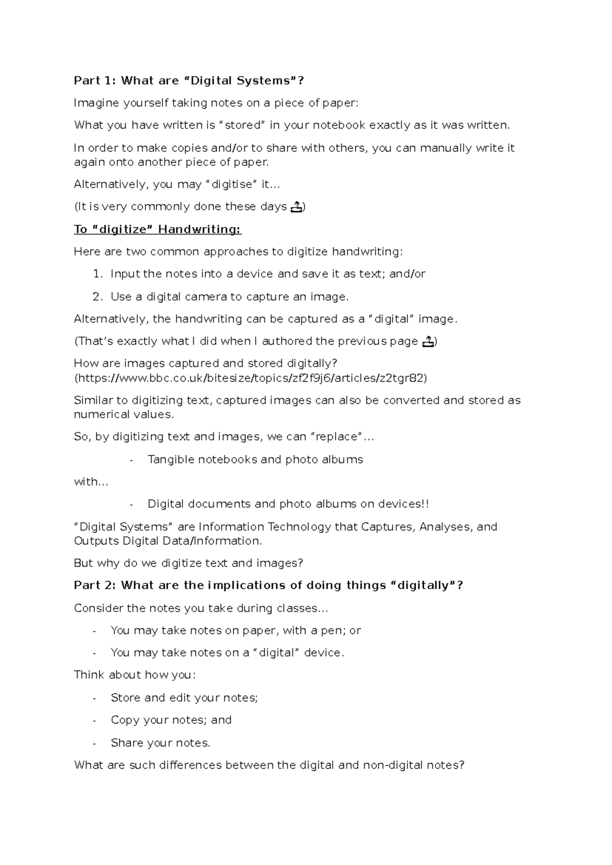 Notes - Part 1: What are “Digital Systems”? Imagine yourself taking ...