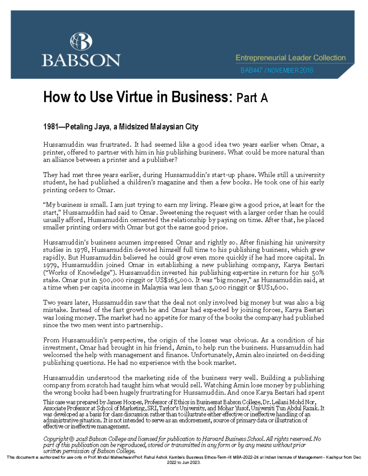 16. How To Use Virtue in Business Part A - This case was prepared by ...