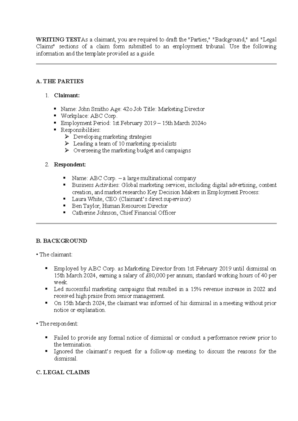 Sample Writing TEST - DVSDAVBFDBDFBF - WRITING TESTAs a claimant, you ...