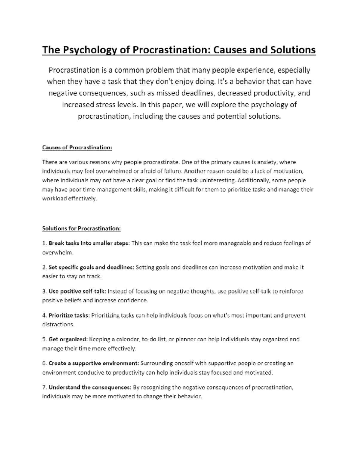 The Psychology of Procrastination Causes and Solutions - PSY 258 - Studocu