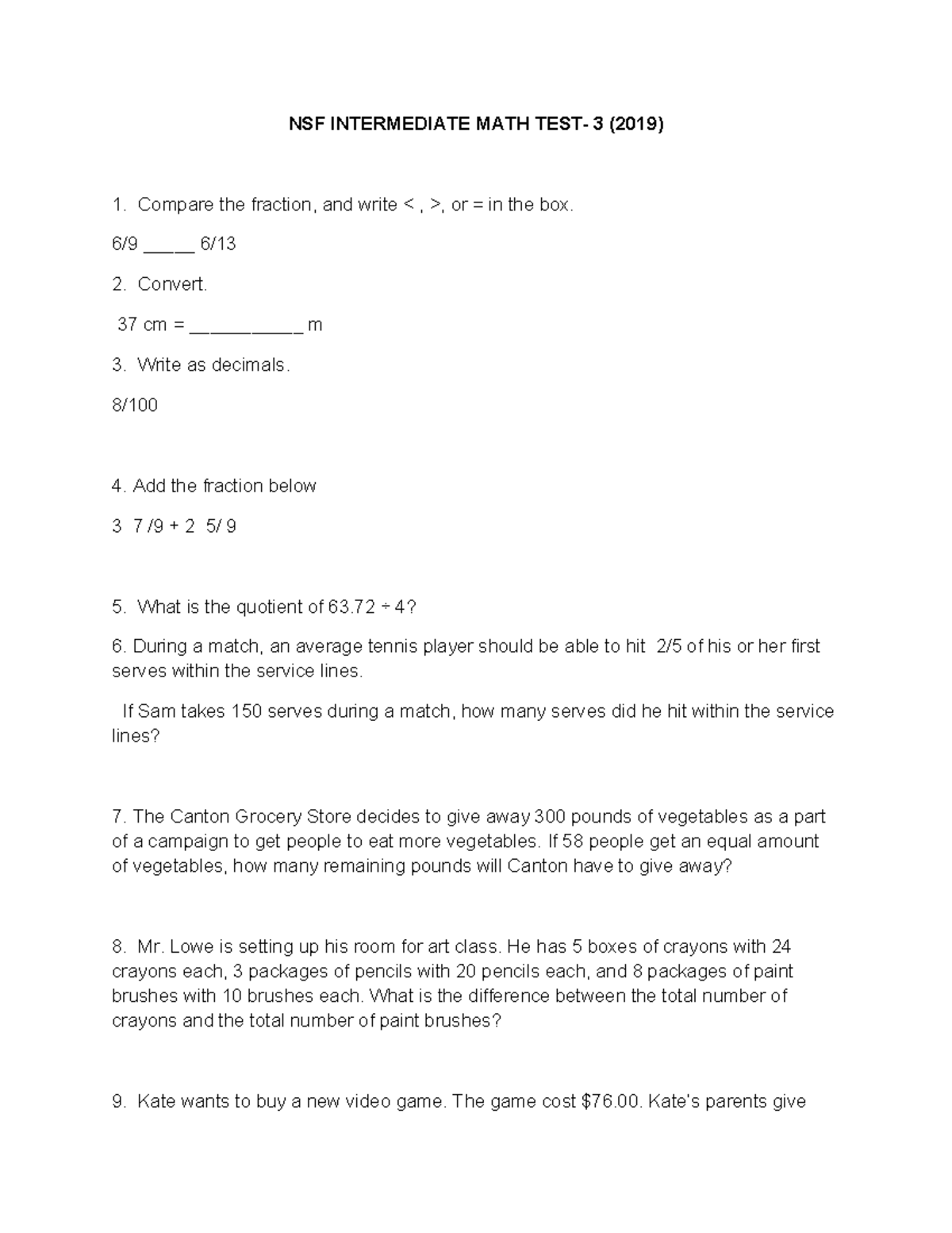 NSF Intermediate MATH MOCK TEST 3 Apr13 - NSF INTERMEDIATE MATH TEST- 3 ...
