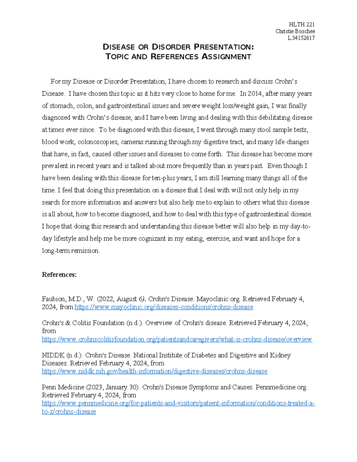 Disease or Disorder Presentation Topic and References Assignment - HLTH ...