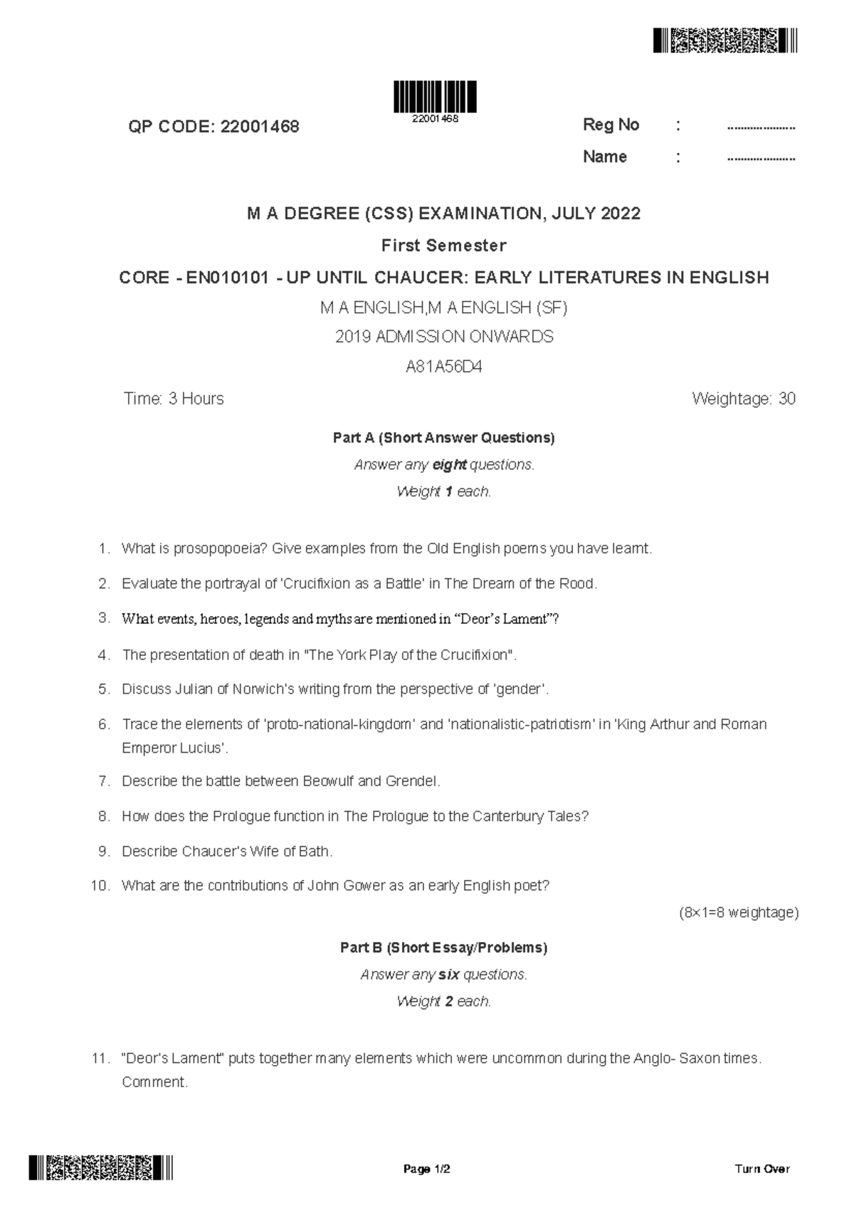 UP Until Chaucer Question Paper 2022 JULY - QP CODE: 22001468 Reg No ...