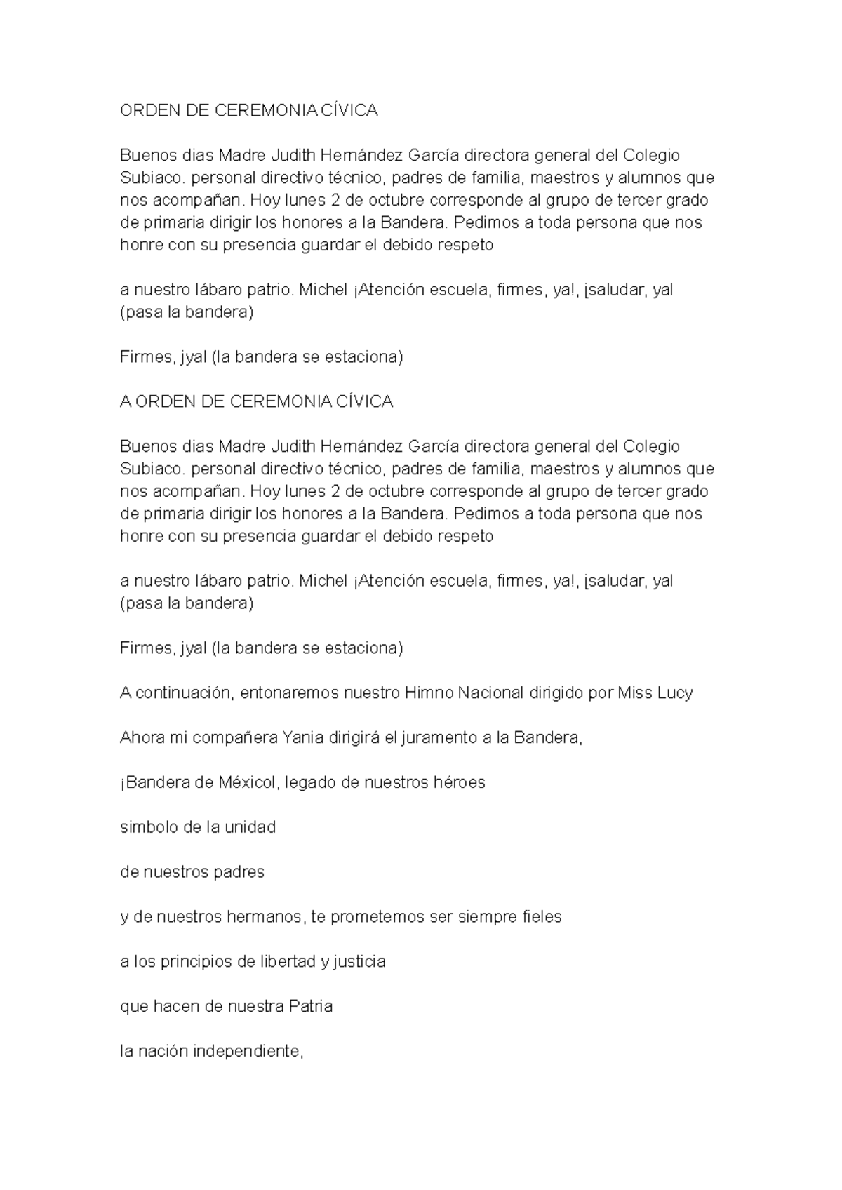 Shdidi nsksks no - ORDEN DE CEREMONIA CÍVICA Buenos dias Madre Judith ...