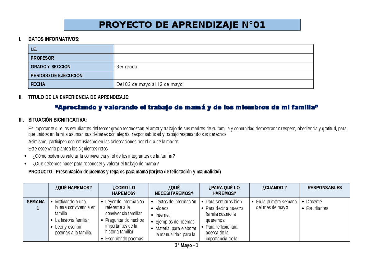 3° Grado - Proyecto DE Aprendizaje N°01 - PROYECTO DE APRENDIZAJE N° I. DATOS INFORMATIVOS: I ...