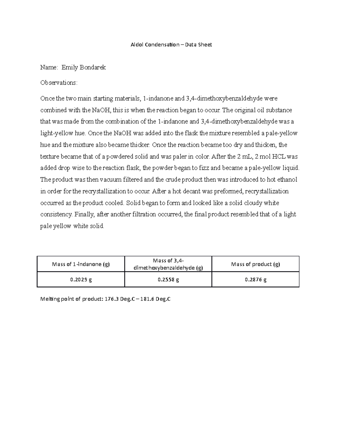 Aldol Condensation Data Sheet - Aldol Condensation – Data Sheet Name ...