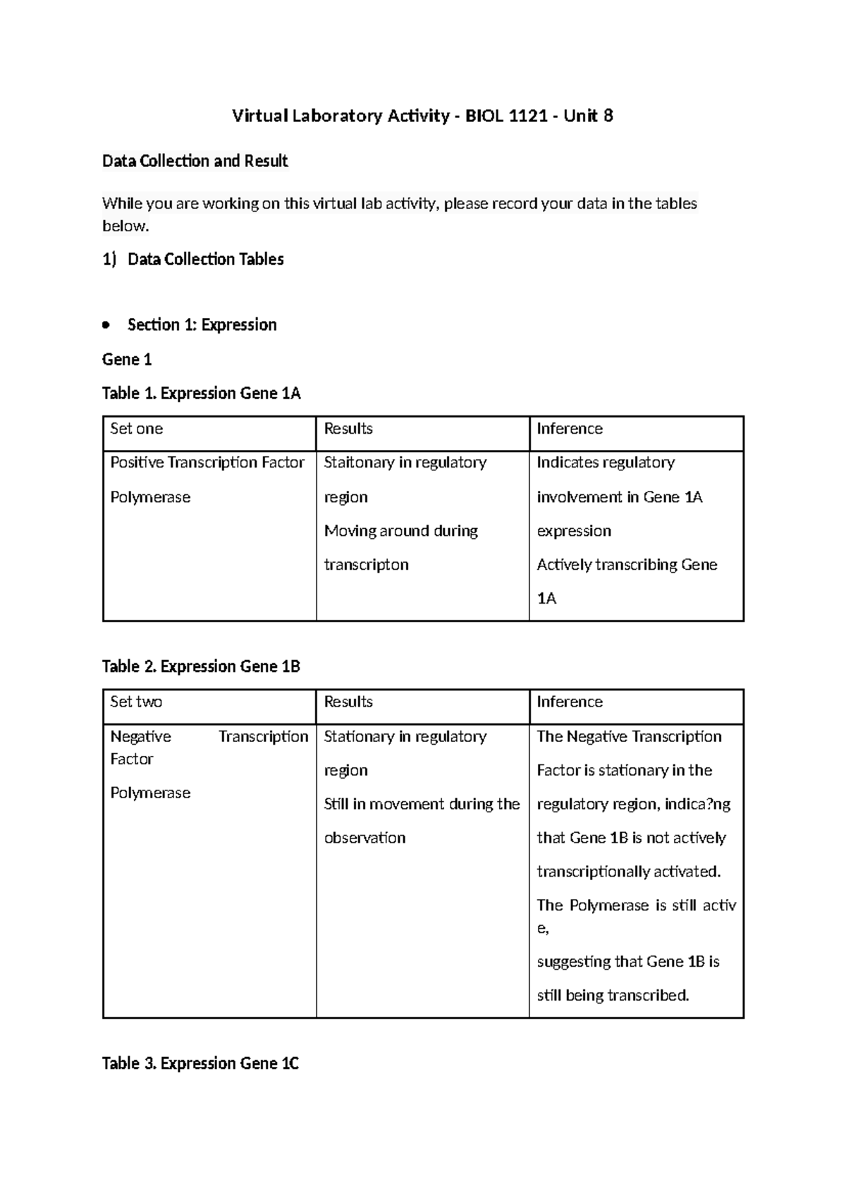 Virtual Lab Assignment Unit 8 - Virtual Laboratory Activity - BIOL 1121 - Unit 8 Data Collection ...