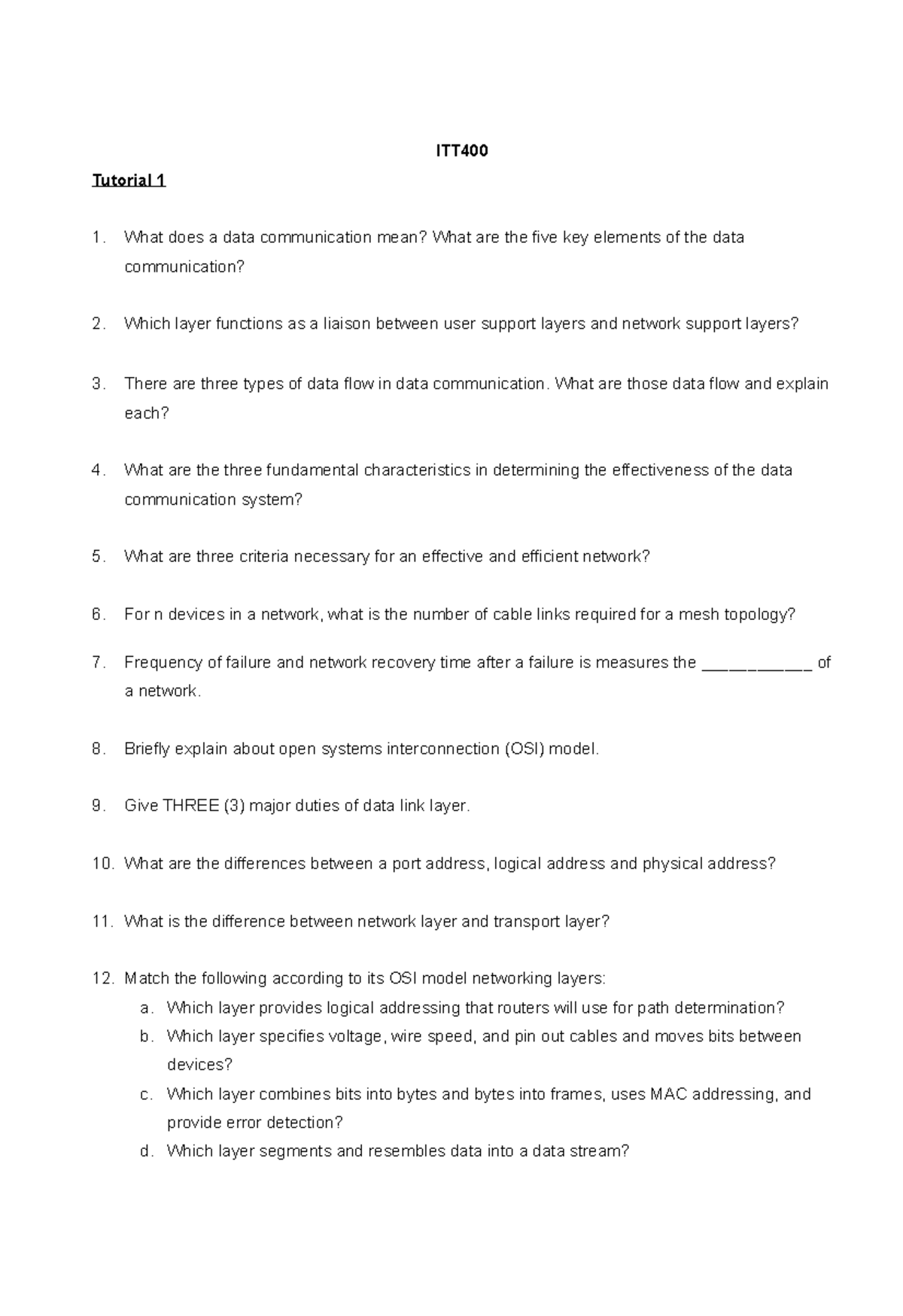 ITT400 Tutorial 1 Question - Data Communication and Networking - UiTM - Studocu