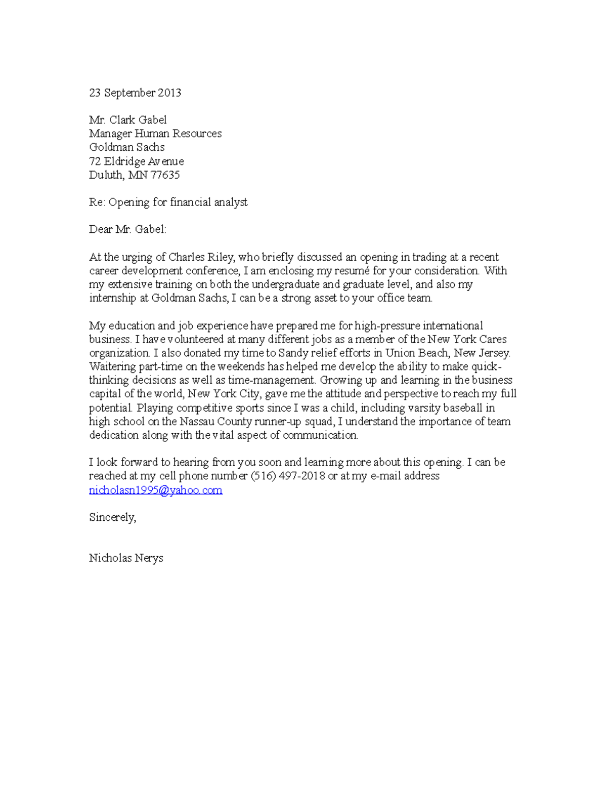 Cover Letter - Grade: A+ - 23 September 2013 Mr. Clark Gabel Manager ...