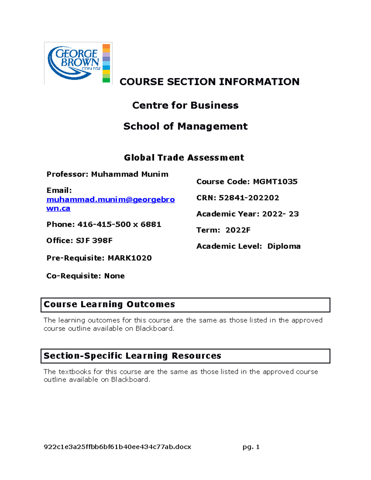 52841 - Course Outline - MGMT 1035 - Global Trade Assessment - COURSE ...