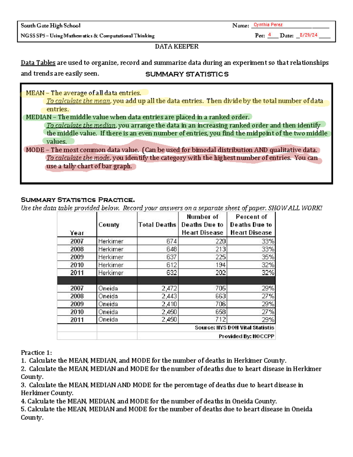 Cynthia Perez - NGSS Practice stats - South Gate High School Name