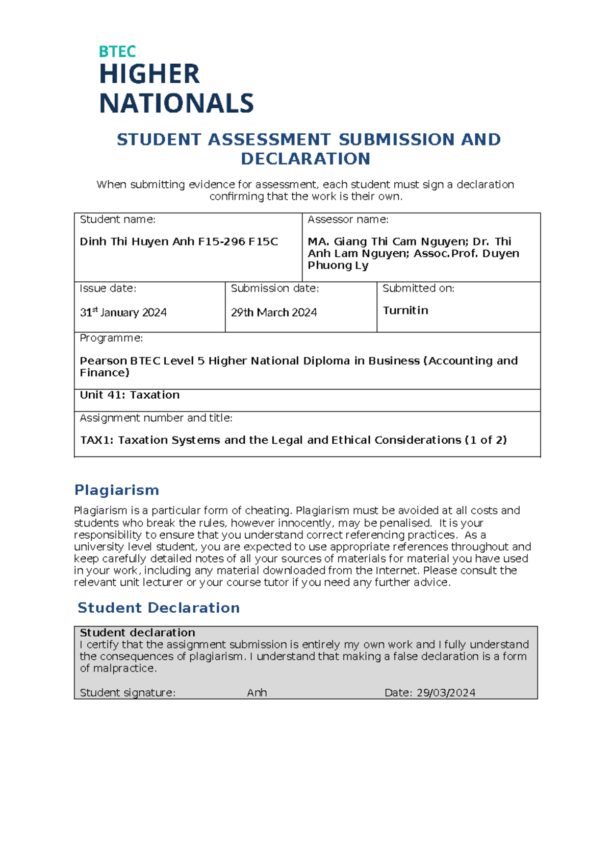 Student Assessment Submission and Declaration - STUDENT ASSESSMENT ...