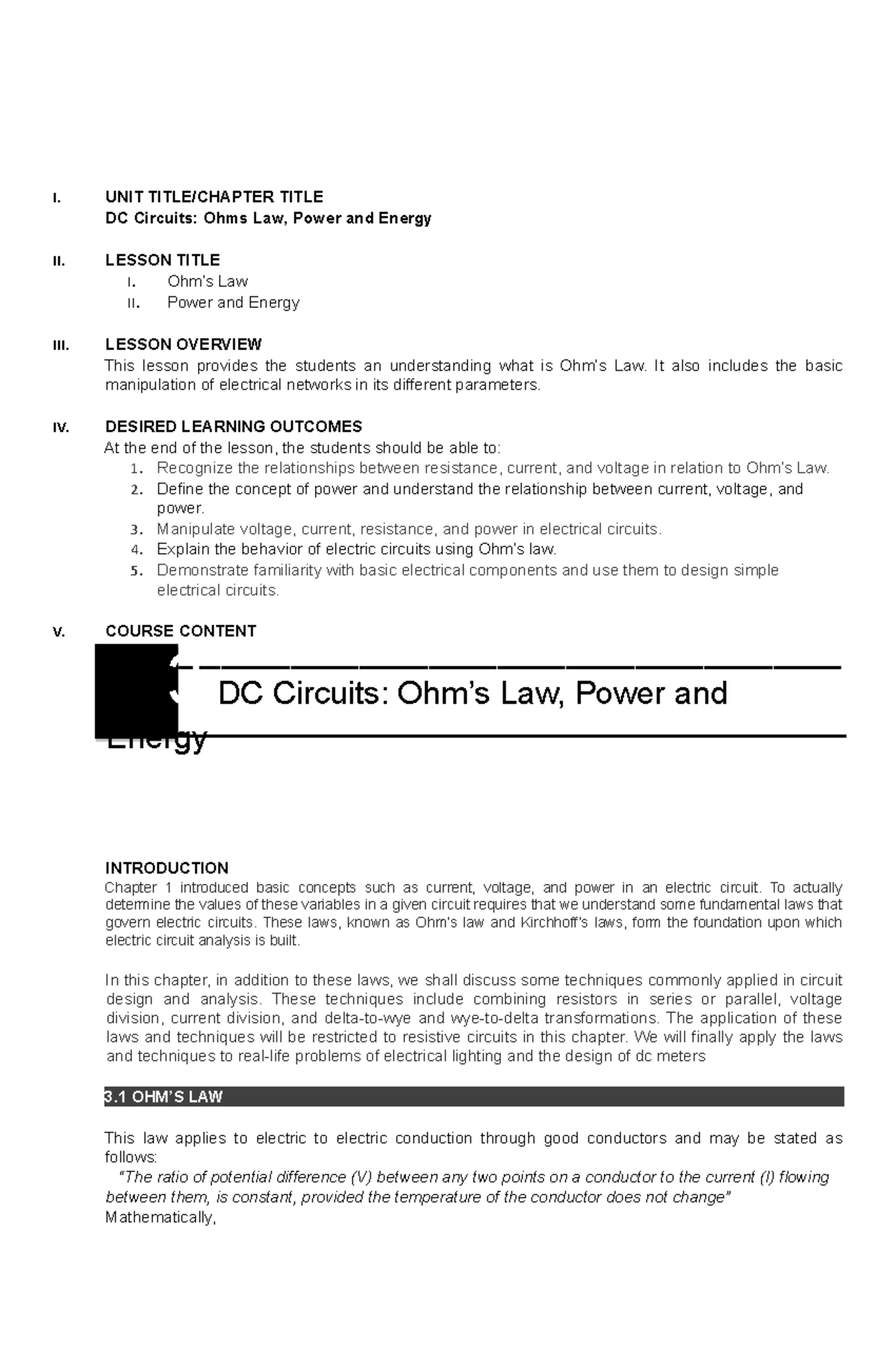 BEE-Module-3 Final - ELECTRICAL ENGINEERING NOTES - I. UNIT TITLE ...