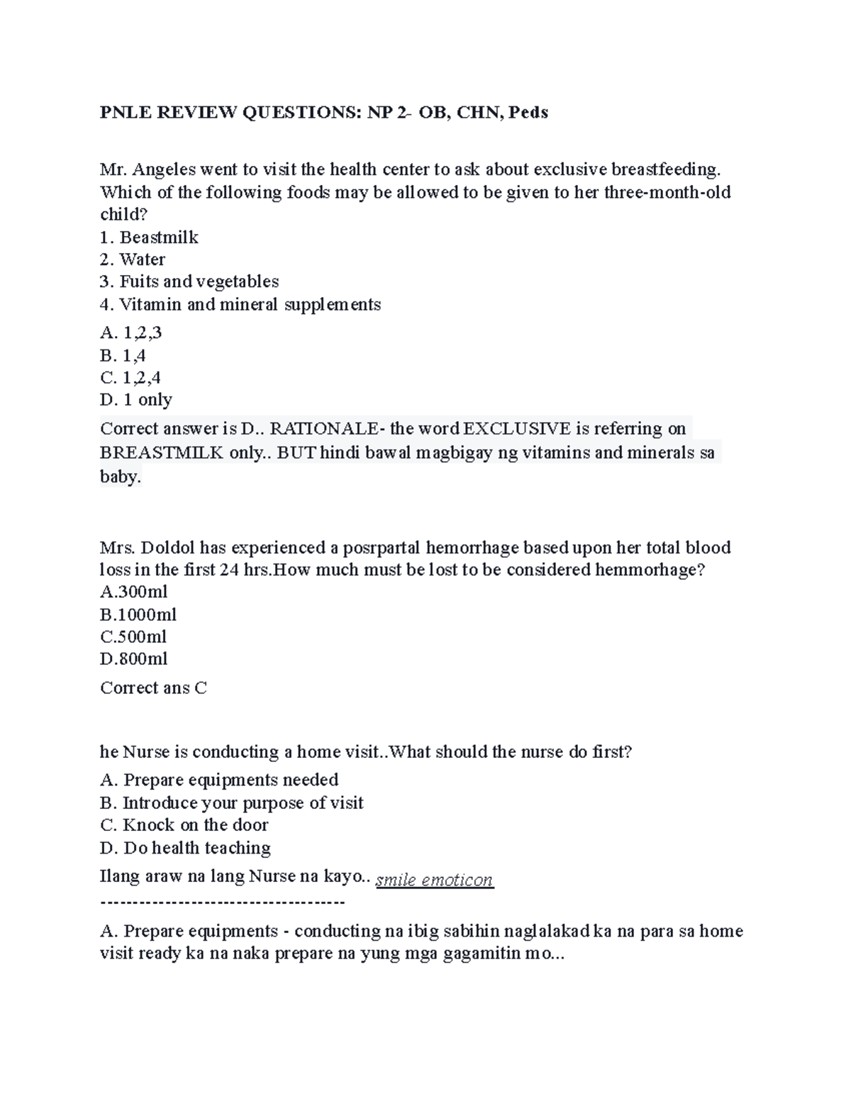 PNLE Review Questions- NP 2- OB, CHN, Peds Reviewer 2023 - PNLE REVIEW ...