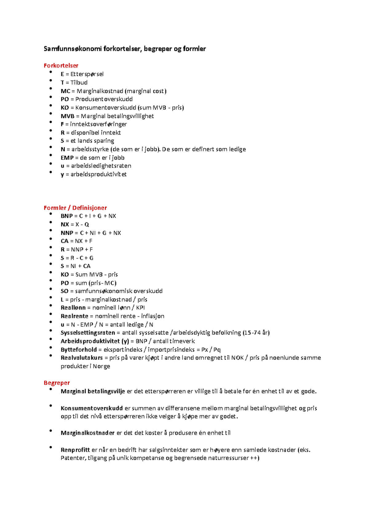 Samfunnsøkonomi begreper, forkortelser og formler - Warning: TT: undefined function: 32 - Studocu