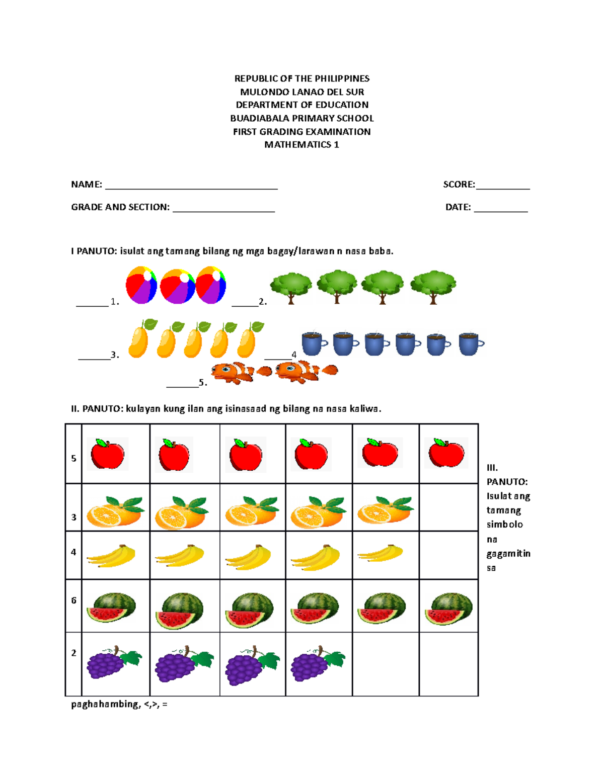 BSP First Grading EXAM MATH1 - REPUBLIC OF THE PHILIPPINES MULONDO ...