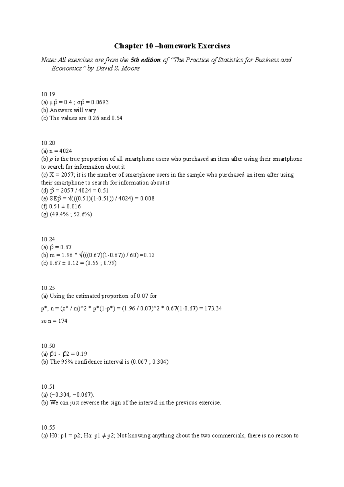 Brief answers homework exercises chapter 10 - Chapter 10 –homework Exercises Note: All exercises ...
