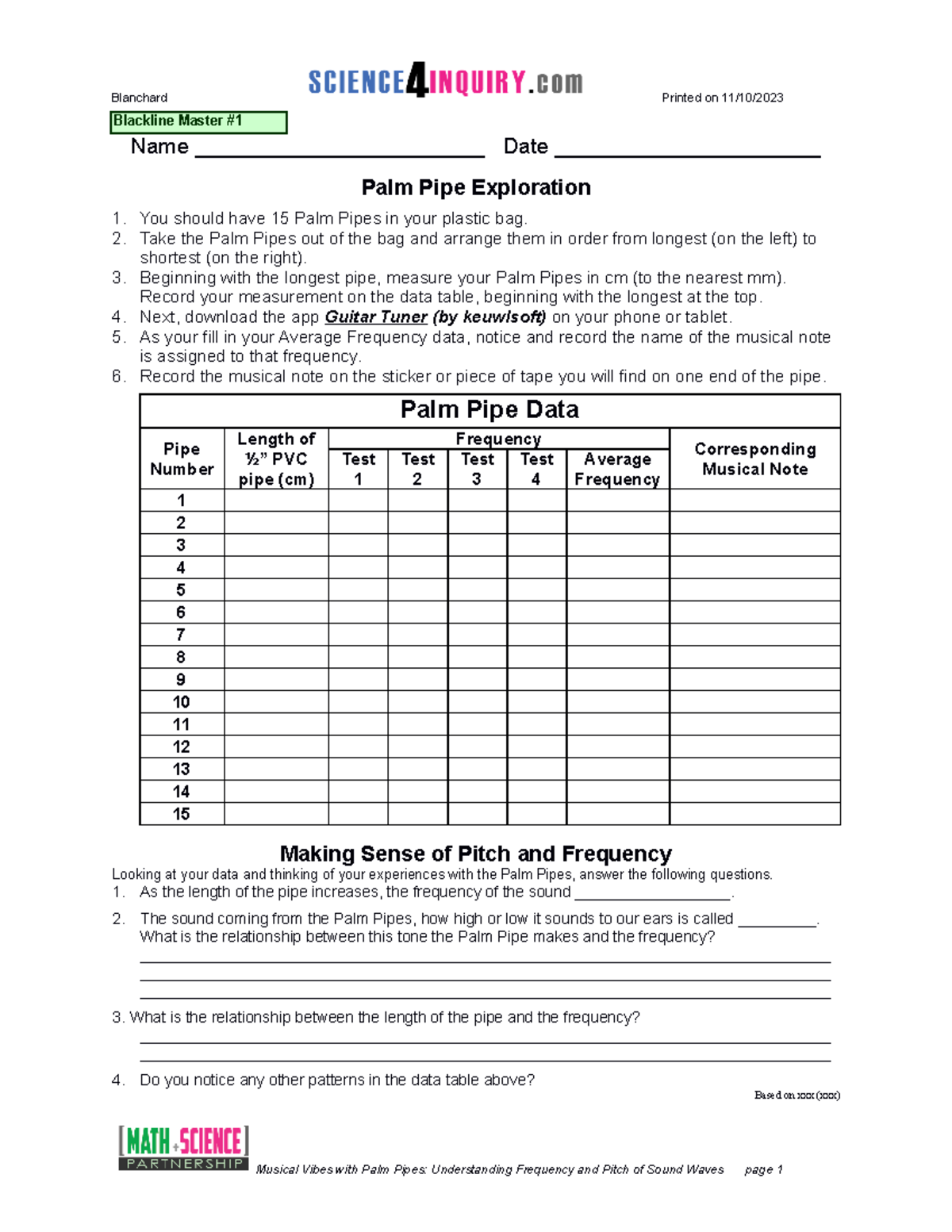 S4ILesson Making Music Palm Pipes Worksheet - Name ...