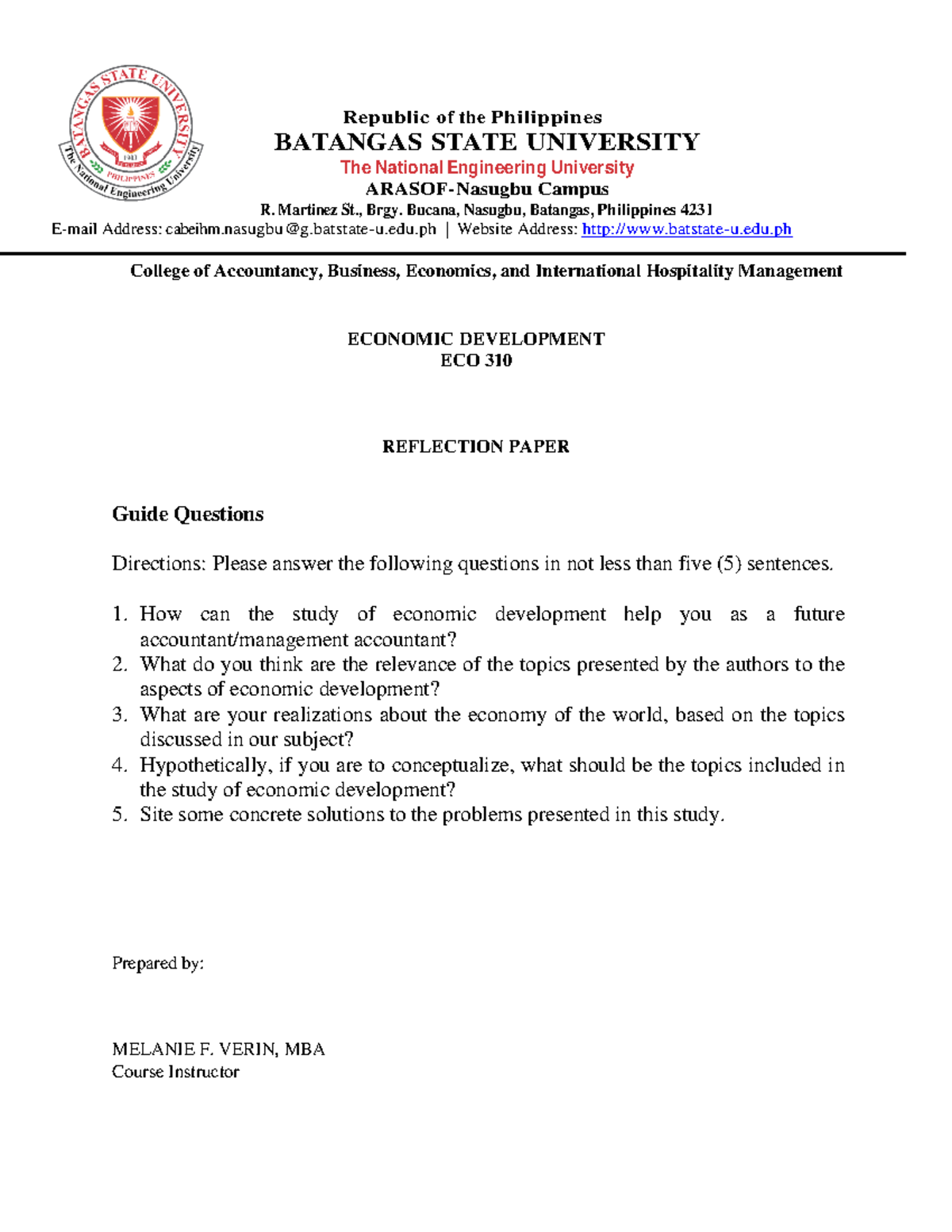 ECO-310- Reflection- Paper - Republic of the Philippines BATANGAS STATE ...