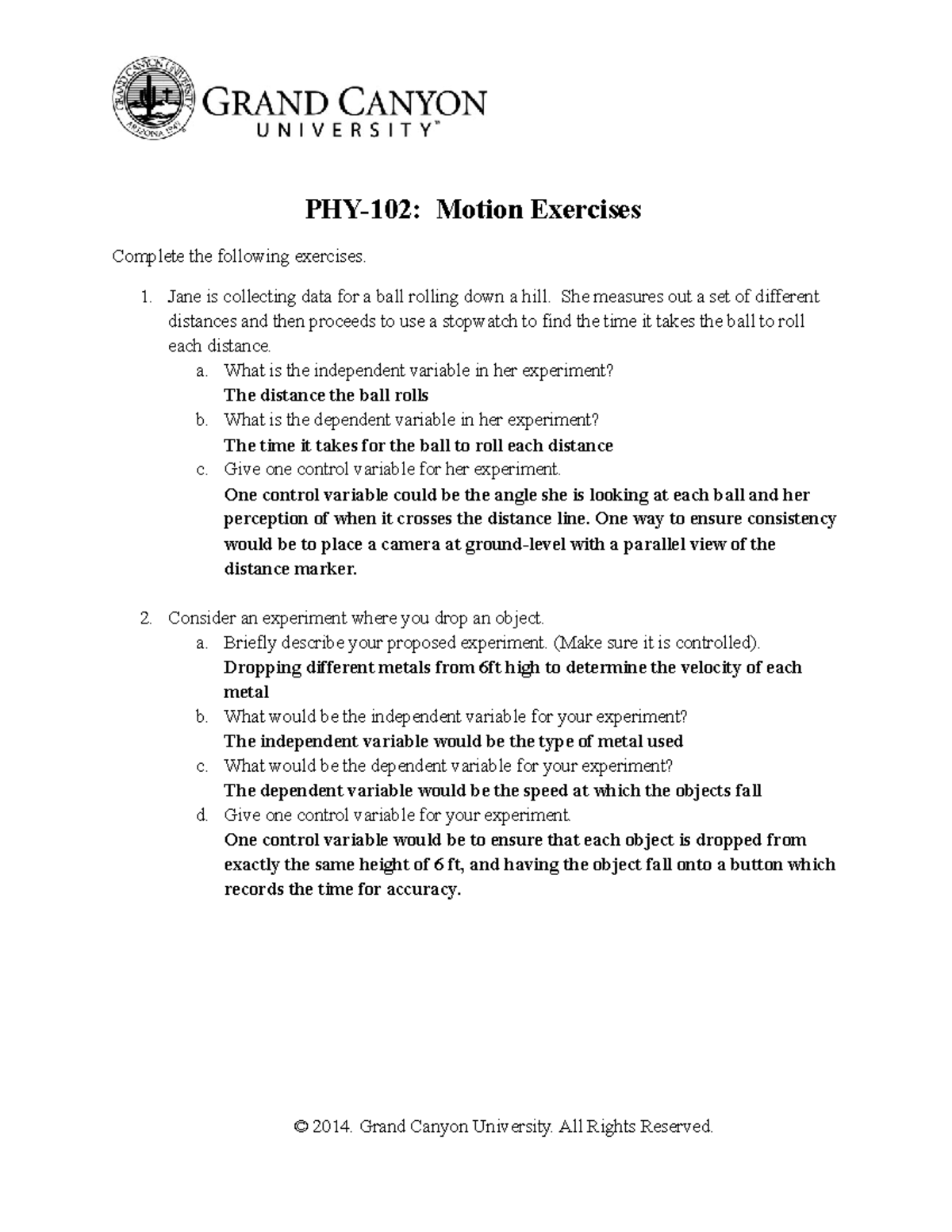 PHY 102 RS Motion Exercises - PHY-102: Motion Exercises Complete the following exercises. Jane ...