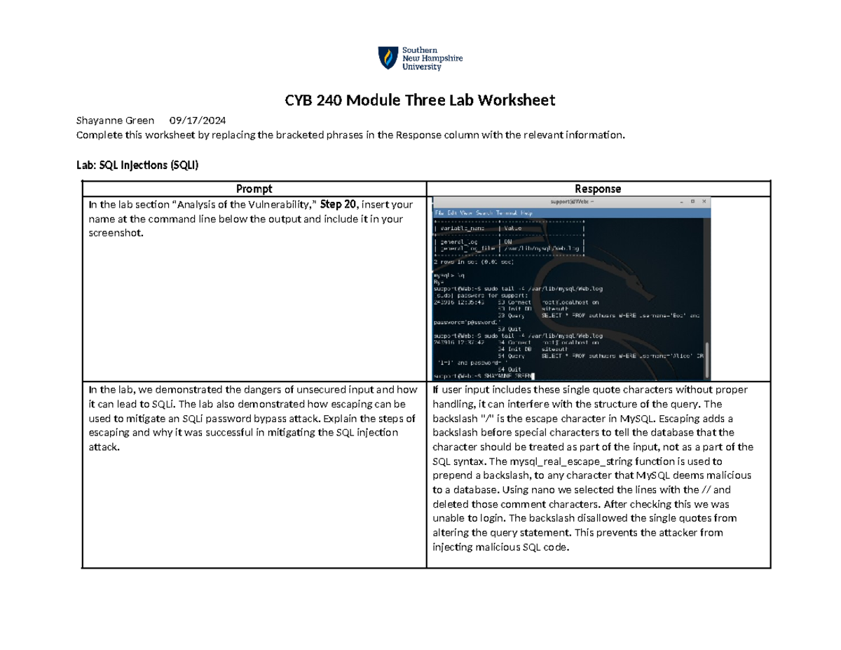 CYB 240 Module Three Lab Worksheet Green - CYB 240 Module Three Lab Worksheet Shayanne Green 09 ...