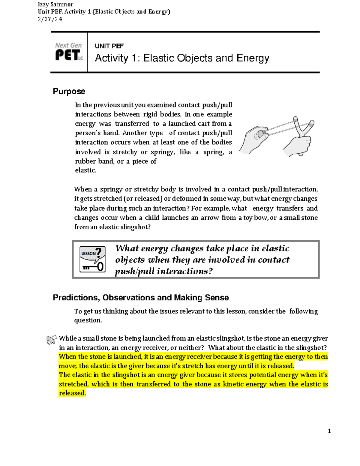 Unit PEF. Activity 1 (Elastic Objects and Energy) - ####### Izzy Sammor ...