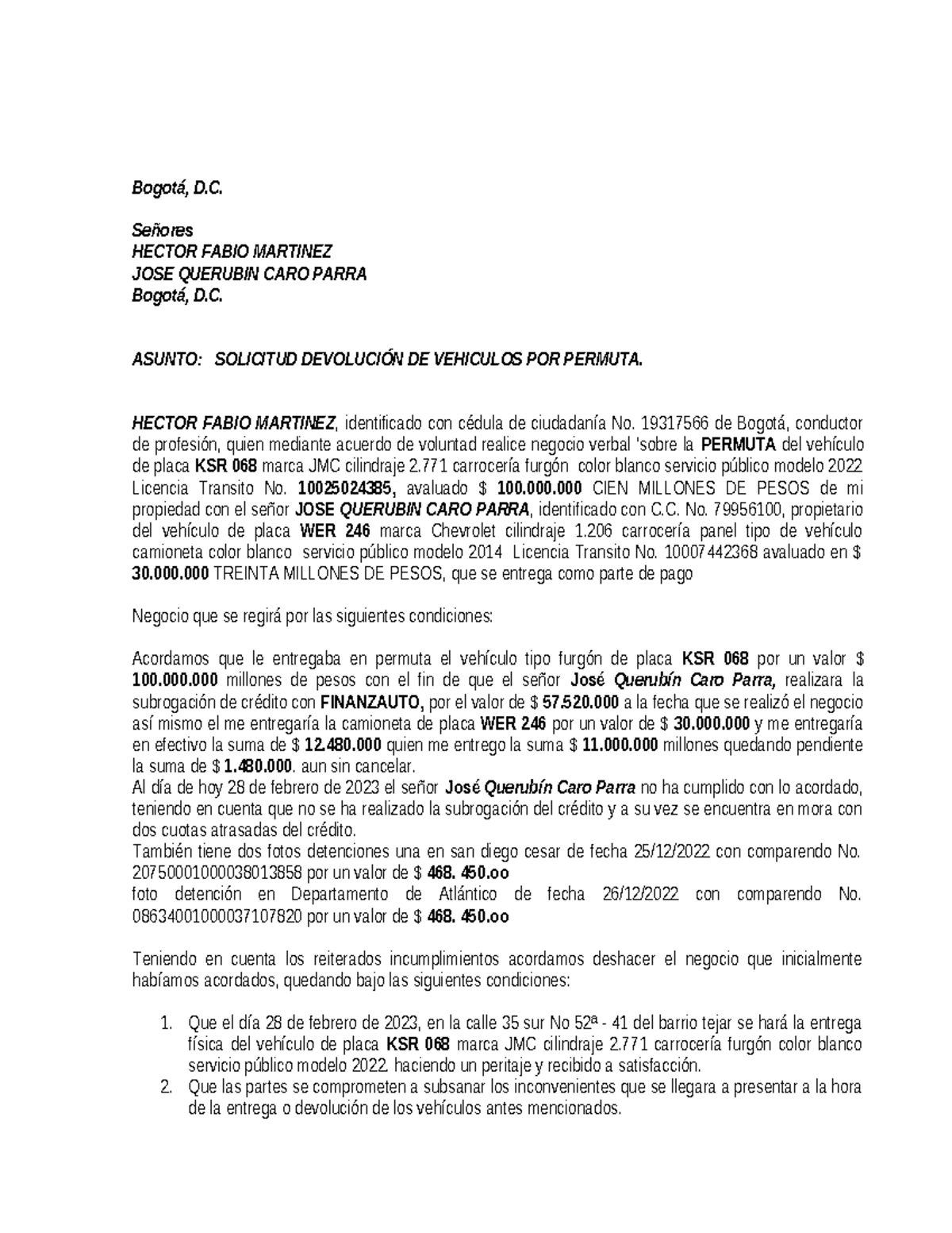 Acuerdo DE Voluntades Permuta - Bogotá, D. Señores HECTOR FABIO ...