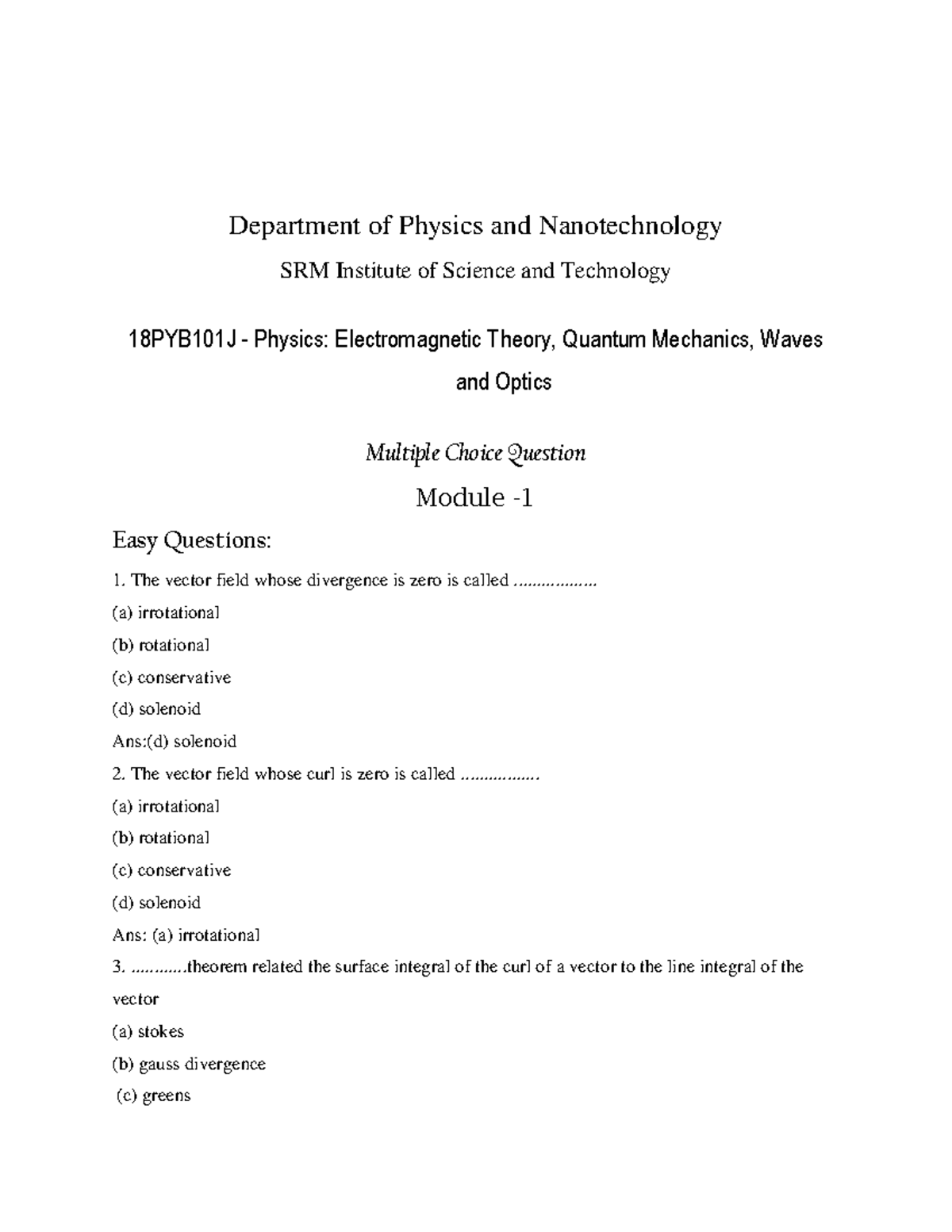 14 question bank - Practice - Department of Physics and Nanotechnology ...