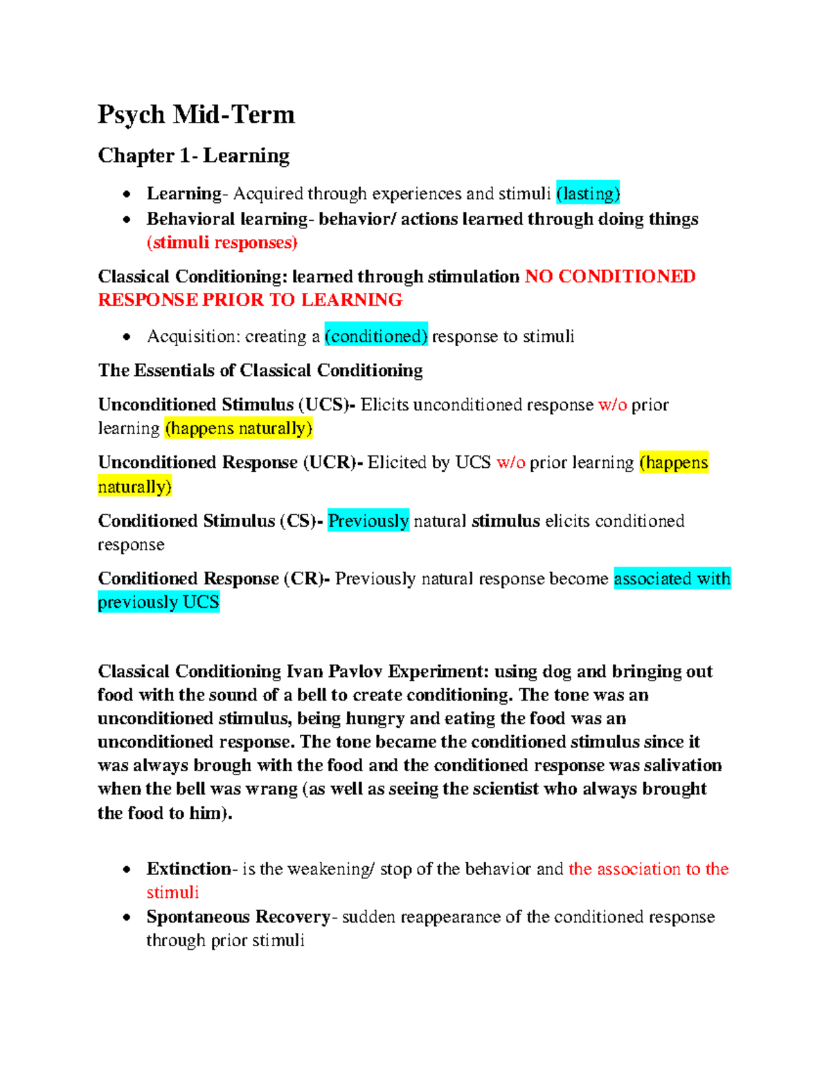 Psych Mid-Term Study Guide - Psych Mid-Term Chapter 1- Learning ...