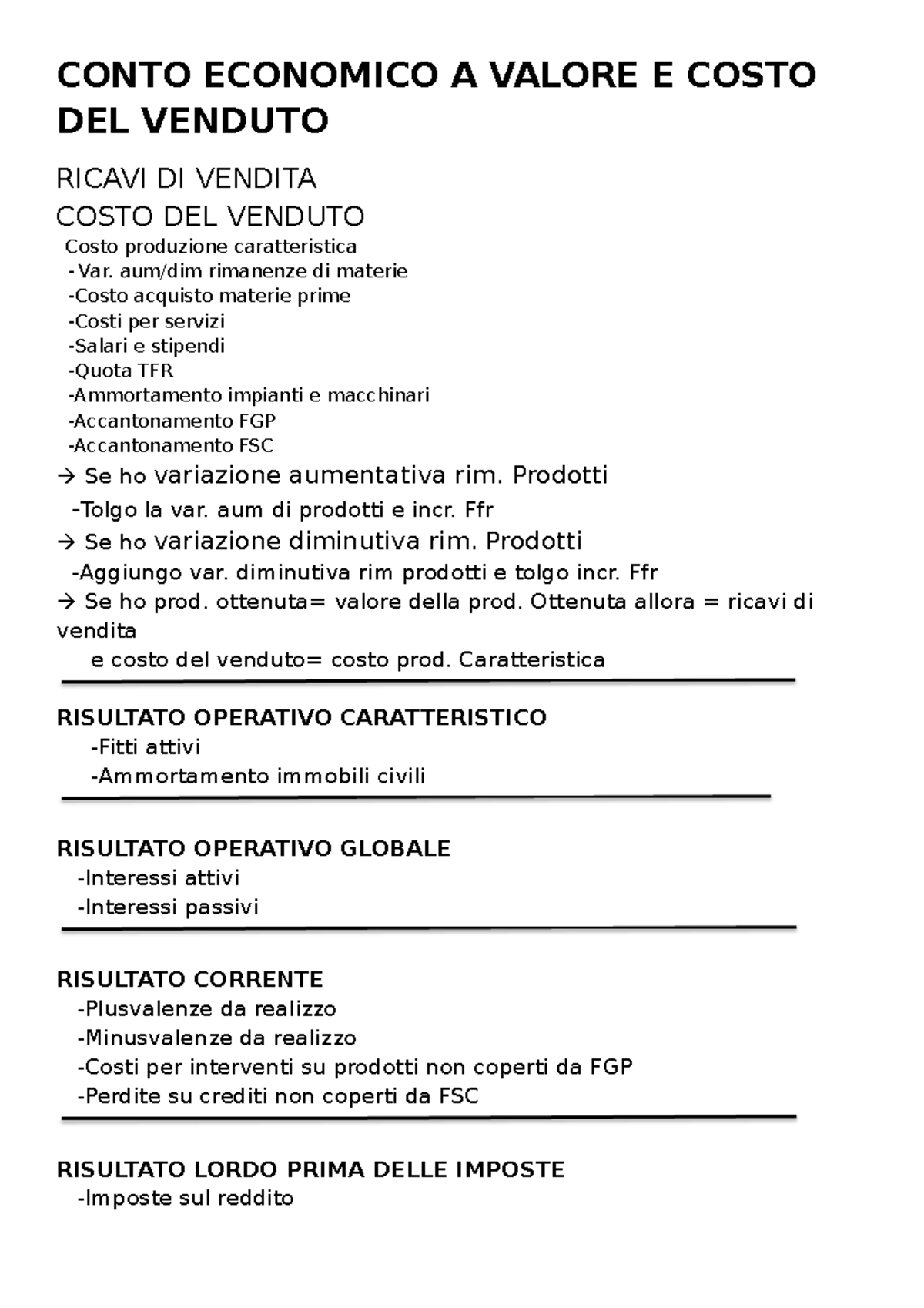 Conto Economico A Valore E Costo DEL Venduto - CONTO ECONOMICO A VALORE ...