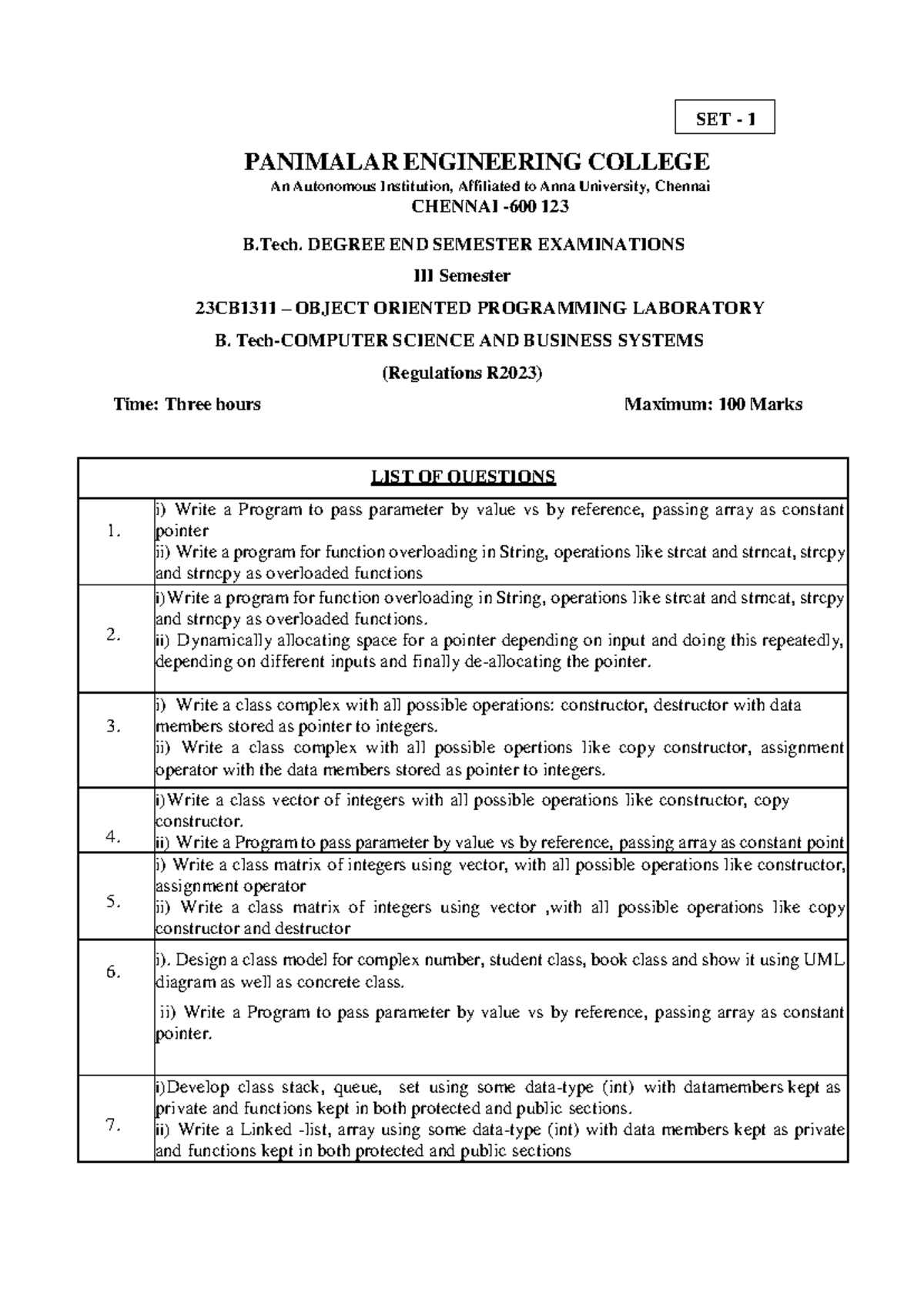 23CB1311-OOPS SET 1 - OOPS lab question SET-1 - PANIMALAR ENGINEERING COLLEGE An Autonomous ...